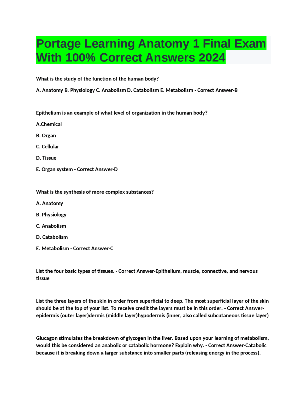 Portage Learning Anatomy 1 Final Exam With 100% Correct Answers 2024 ...