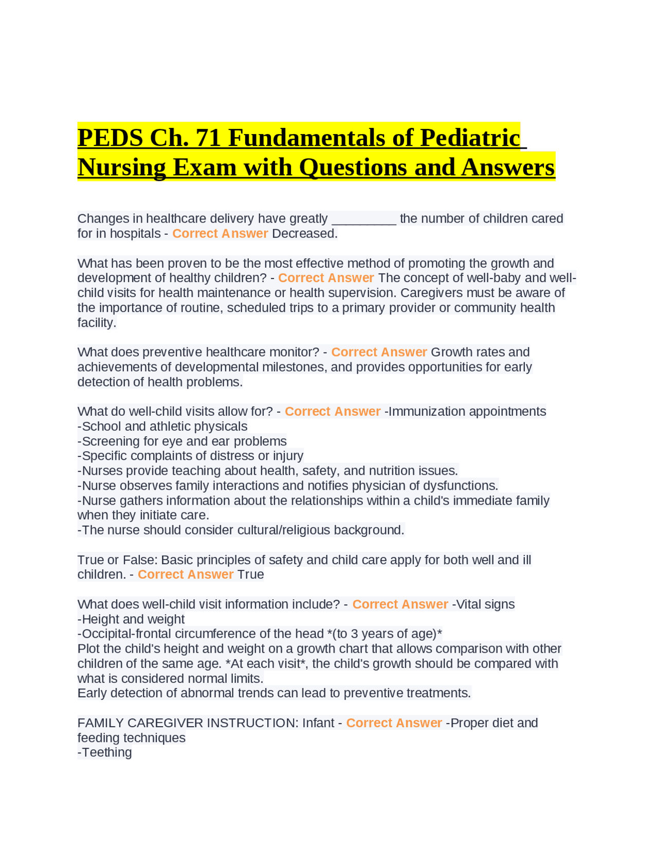 PEDS Ch. 71 Fundamentals of Pediatric Nursing Exam with Questions and ...