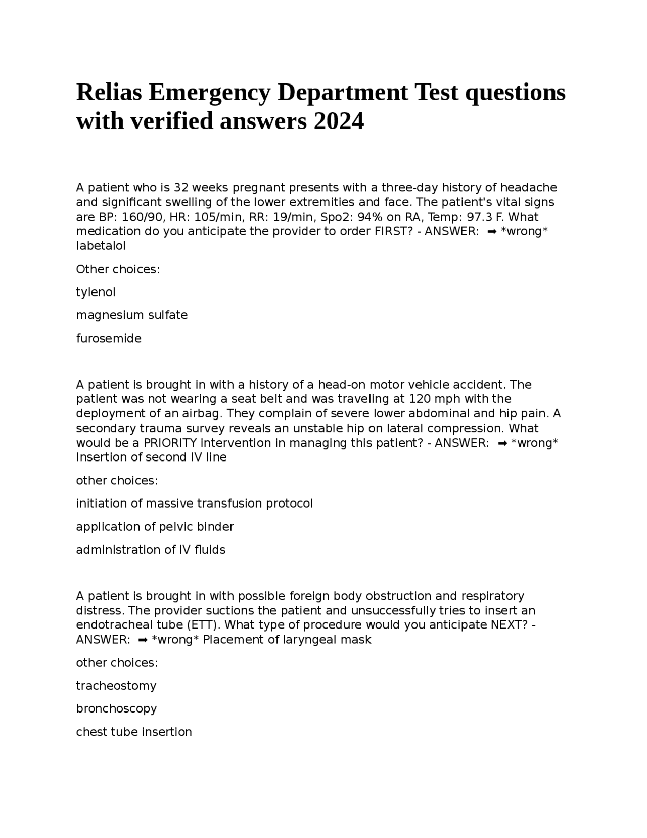 Relias Emergency Department Test questions with verified answers 2024 ...