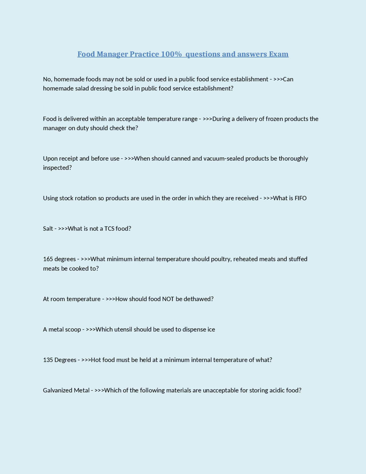 Food Manager Practice 100% Questions and Answers Exam | Exams Food ...