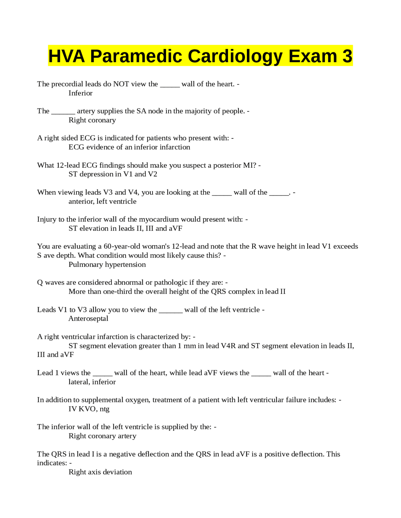 Paramedic Cardiology Exam 3 | Exams Cardiology | Docsity