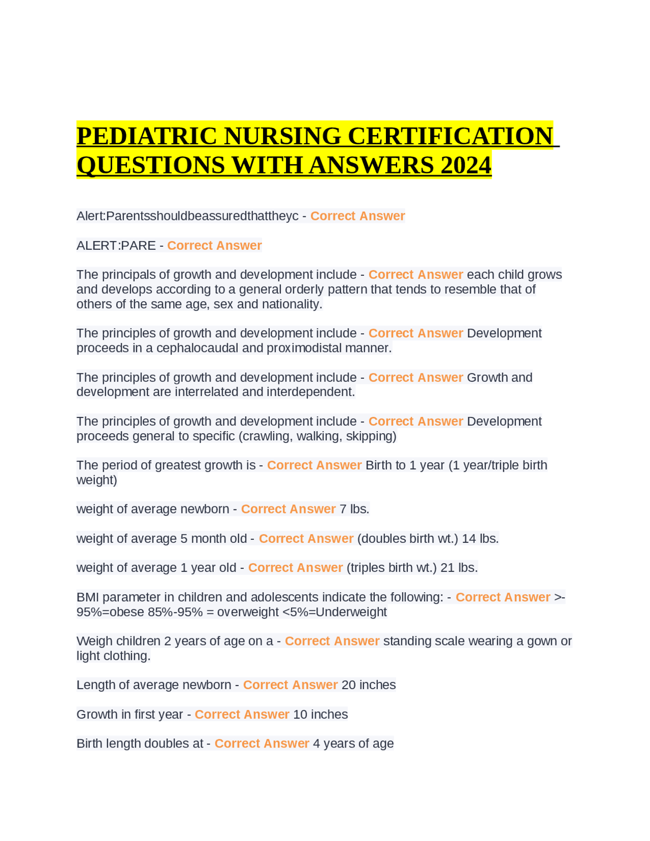PEDIATRIC NURSING CERTIFICATION QUESTIONS WITH ANSWERS 2024 | Exams ...