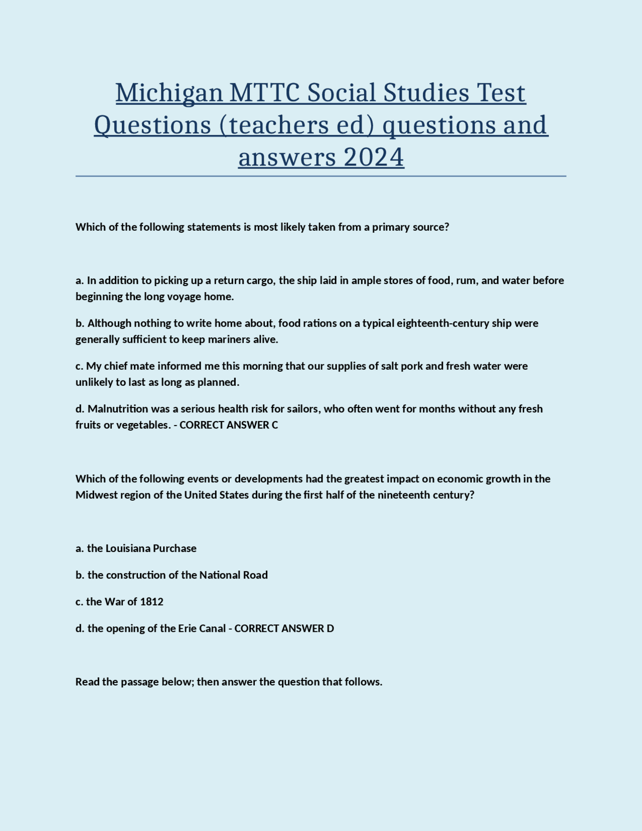 Michigan MTTC Social Studies Test Questions (teachers ed) questions and ...