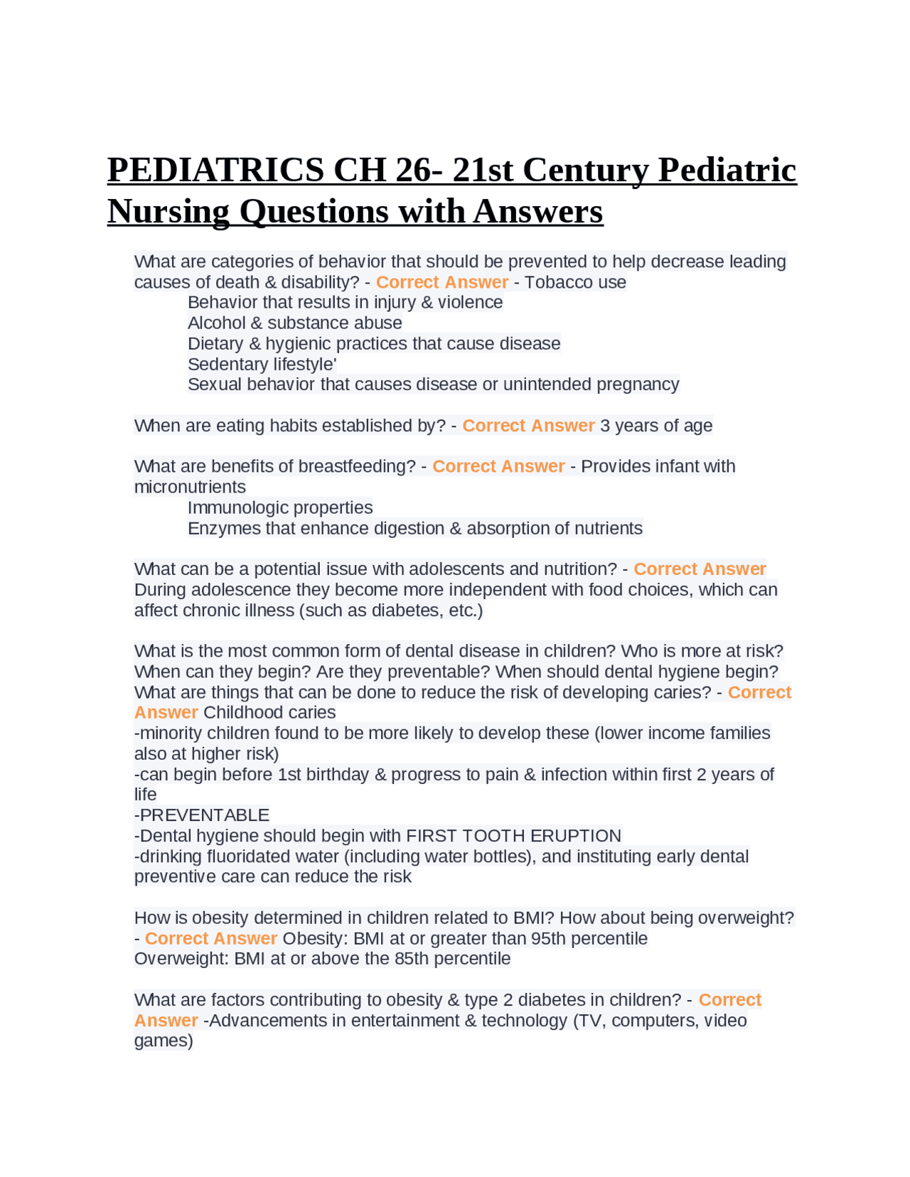 PEDIATRICS CH 26- 21st Century Pediatric Nursing Questions with Answers ...