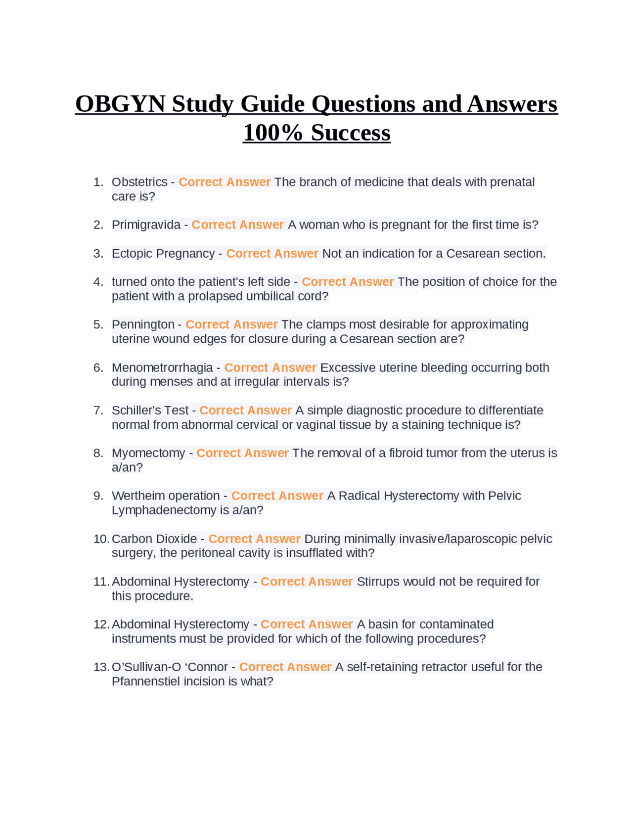 OBGYN Study Guide Questions and Answers 100% Success | Exams Nursing | Docsity