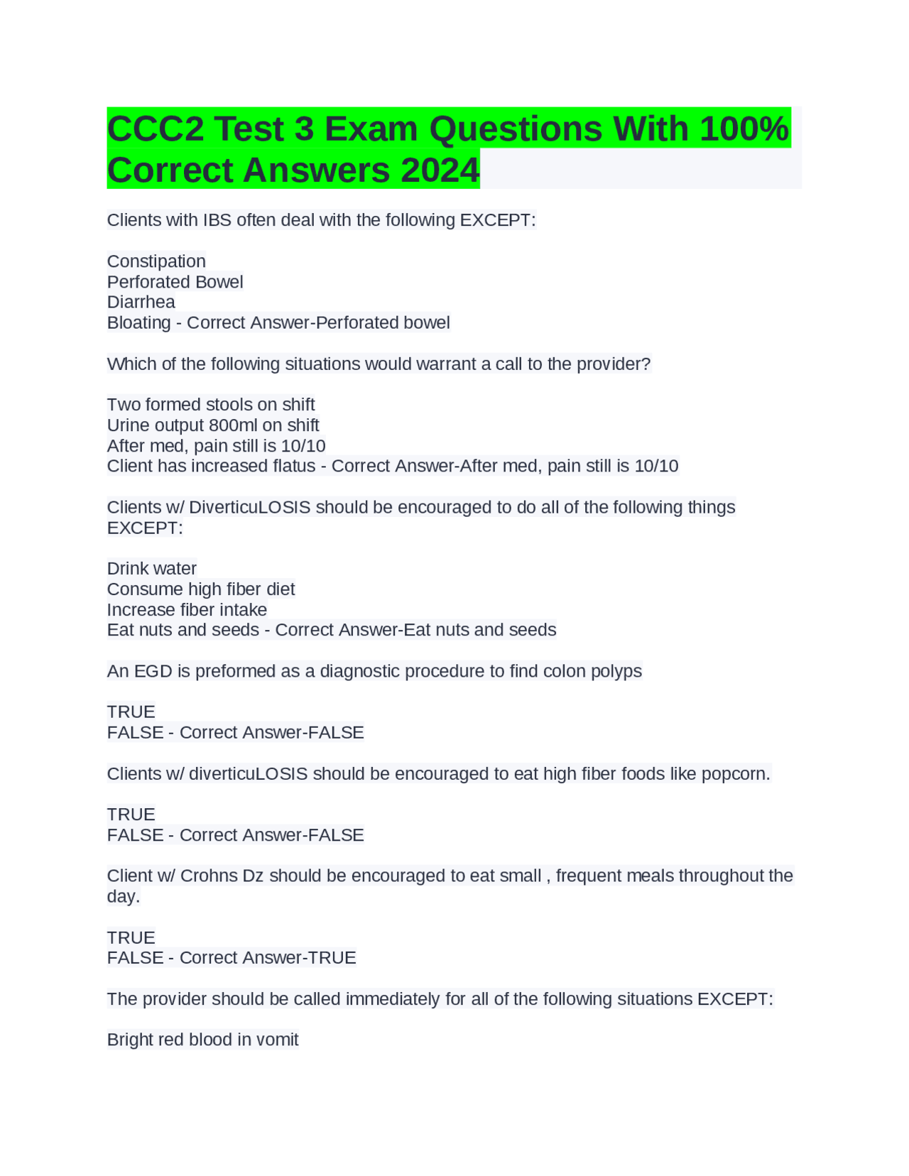 CCC2 Test 3 Exam Questions With 100% Correct Answers 2024 | Exams ...