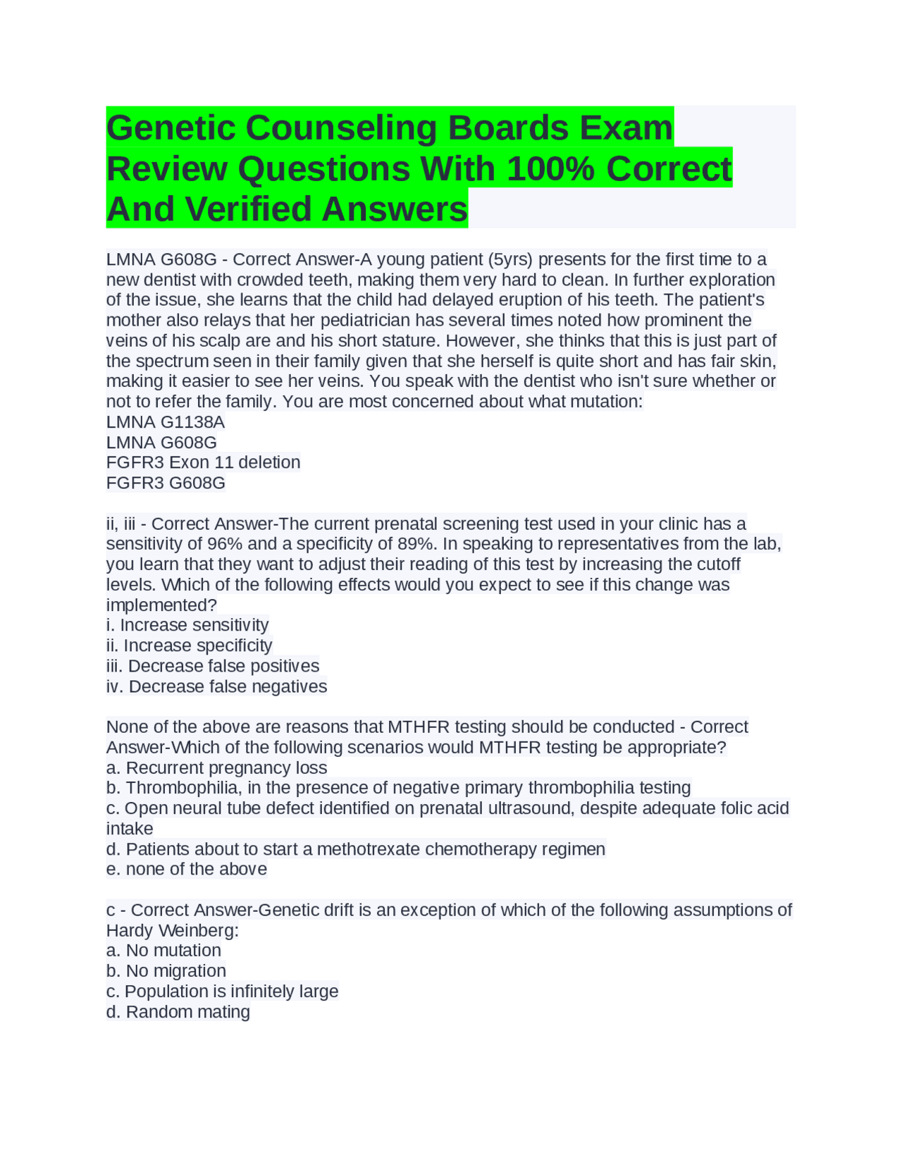 Genetic Counseling Scenarios | Exams Advanced Education | Docsity