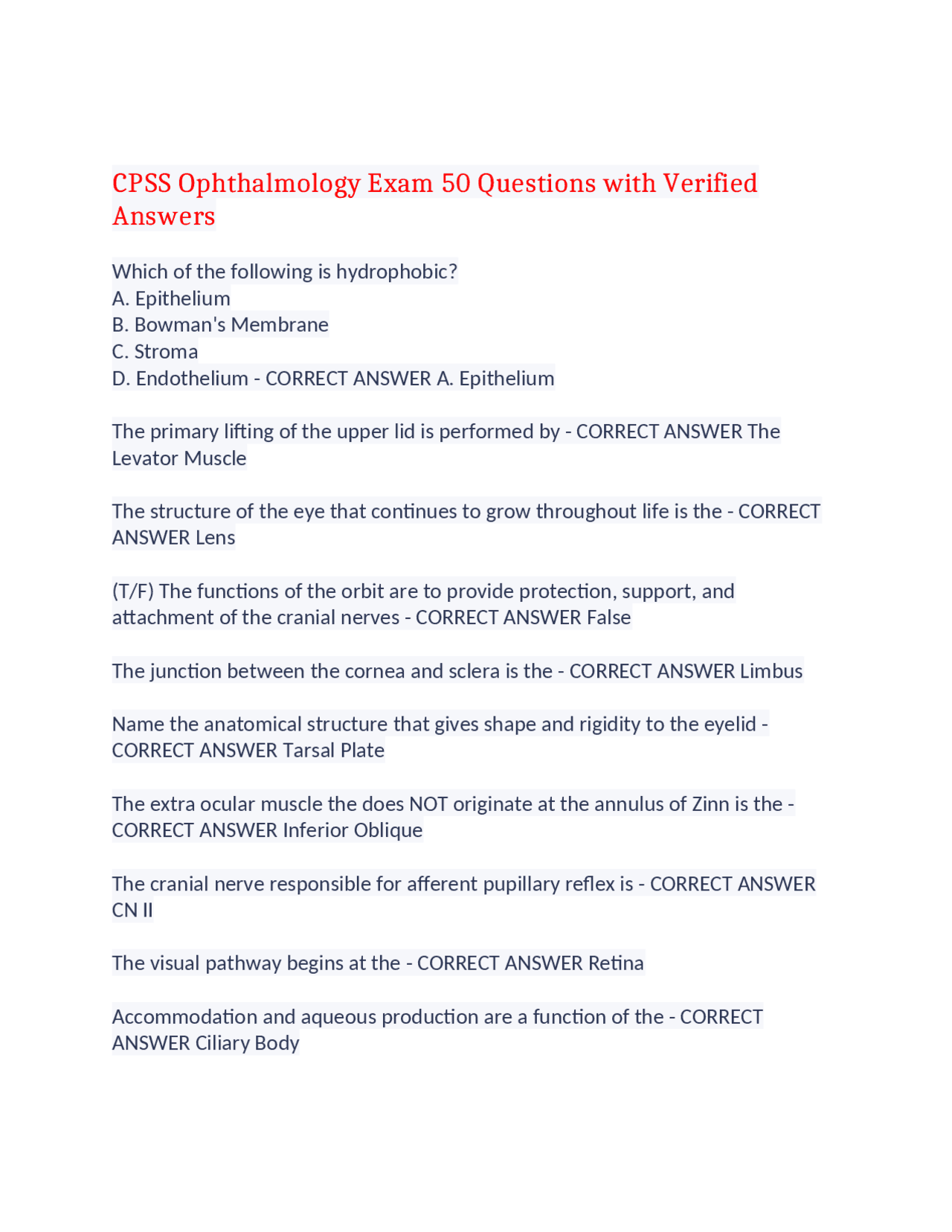 CPSS Ophthalmology Exam 50 Questions with Verified Answers,100% CORRECT ...