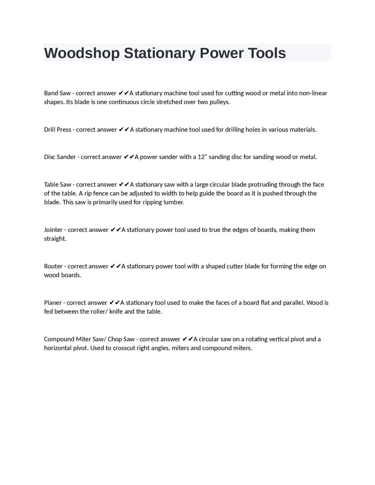 Woodshop Stationary Power Tools | Exams Nursing | Docsity
