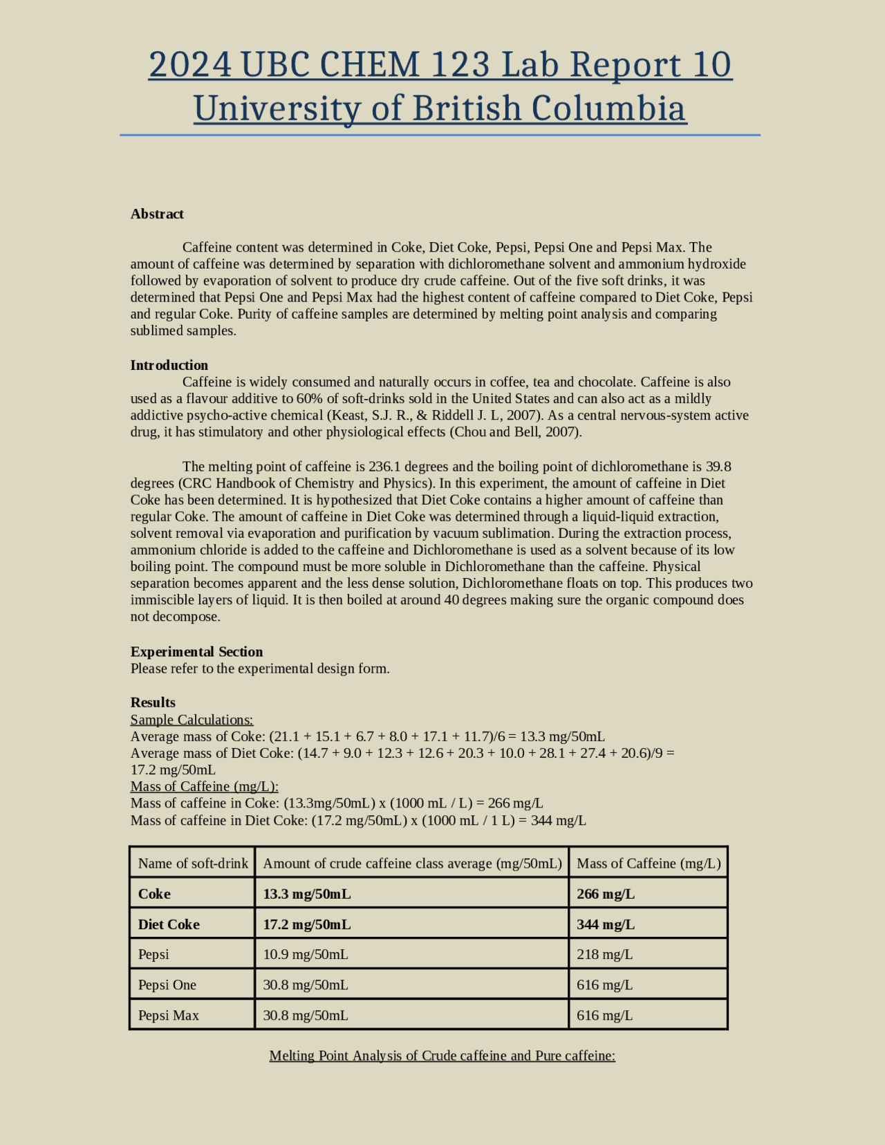 2024 UBC CHEM 123 Lab Report 10 University of British Columbia | Exams ...
