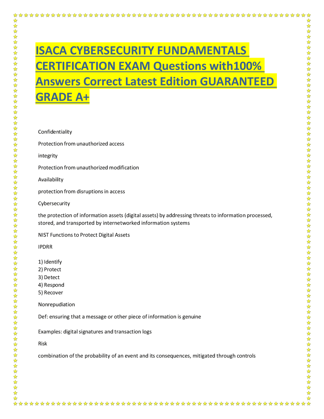ISACA CYBERSECURITY FUNDAMENTALS CERTIFICATION EXAM Questions with100 ...