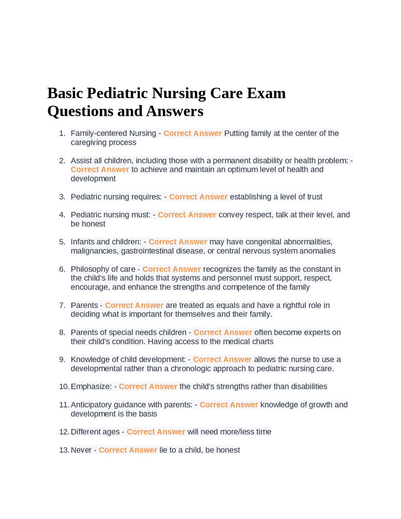 Basic Pediatric Nursing Care Exam Questions and Answers | Exams Nursing ...