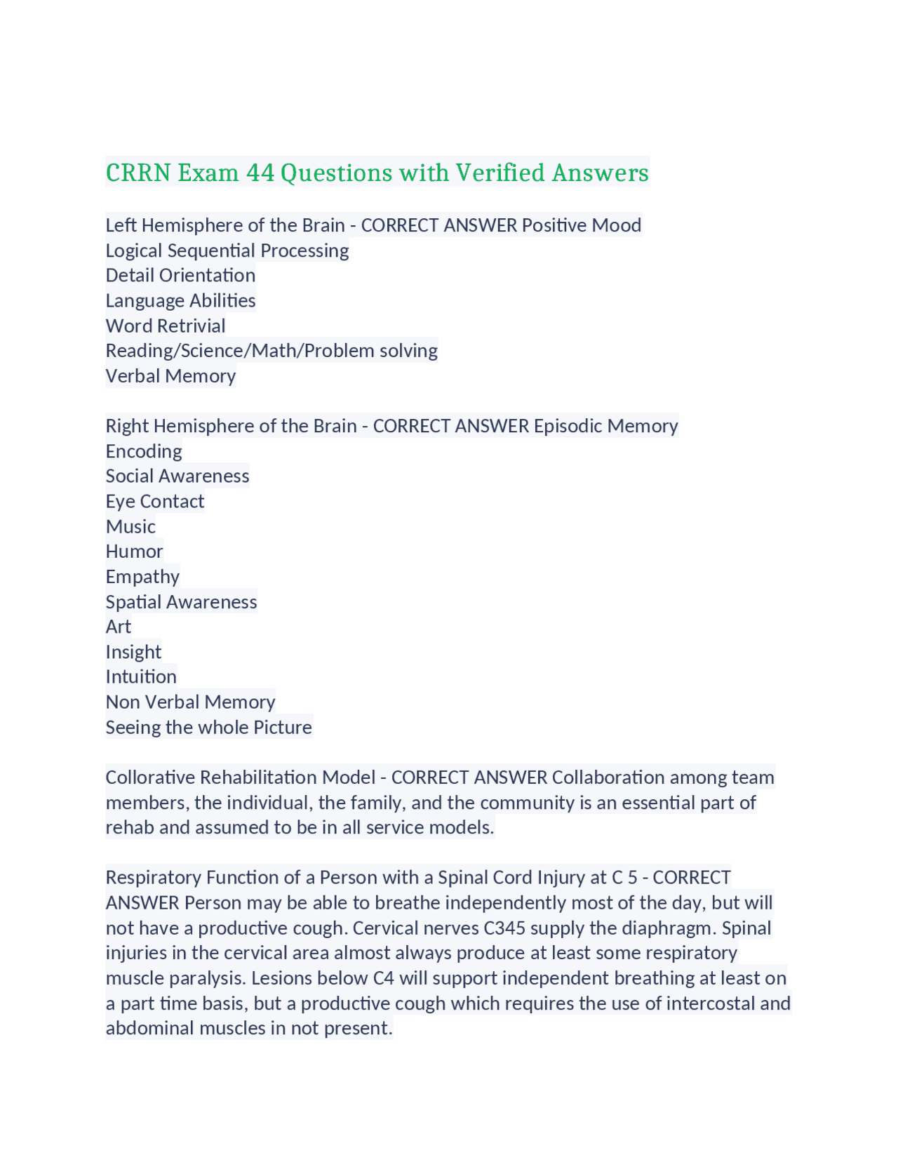 CRRN Exam 44 Questions with Verified Answers,100% CORRECT | Exams ...
