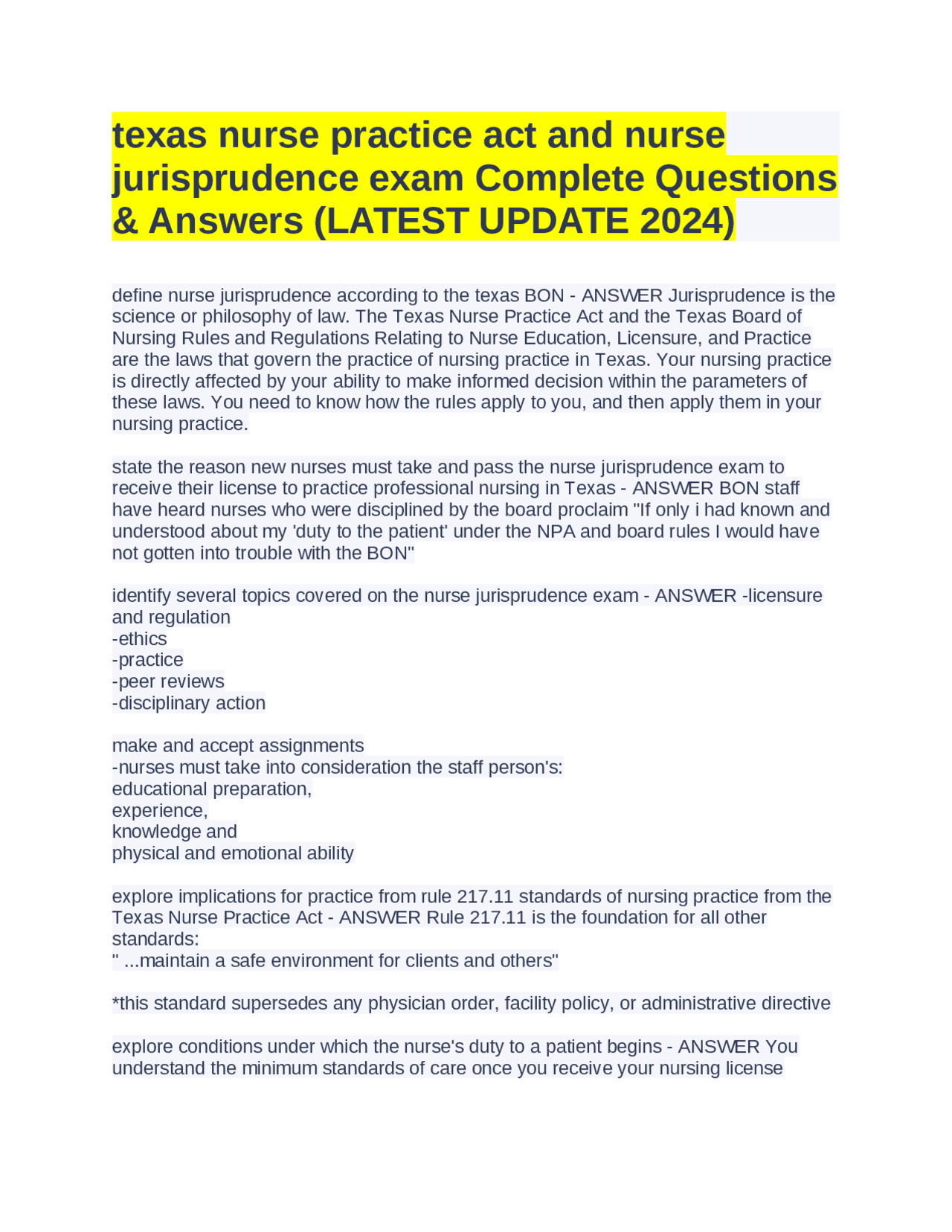 Texas Nurse Practice Act and Nurse Jurisprudence Exam: Complete ...