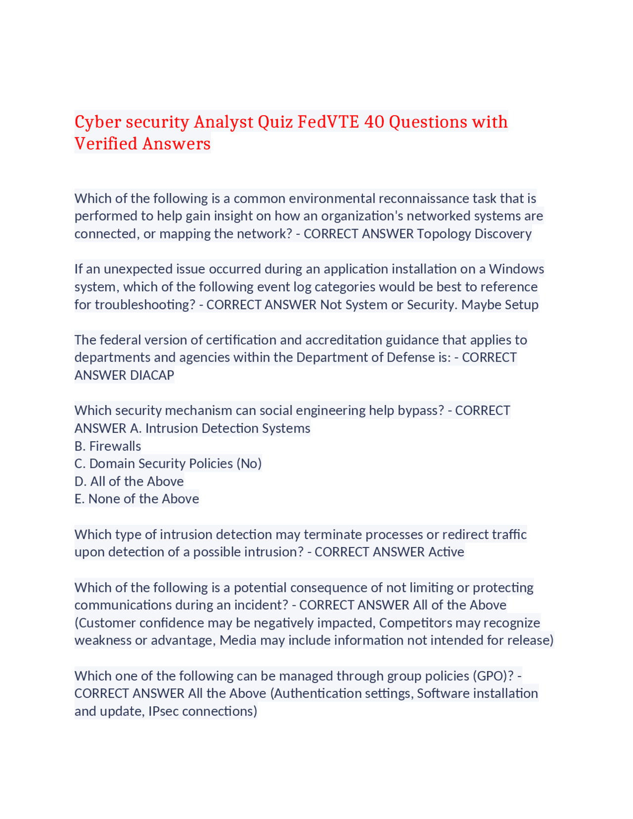 Cyber security Analyst Quiz FedVTE 40 Questions with Verified Answers ...