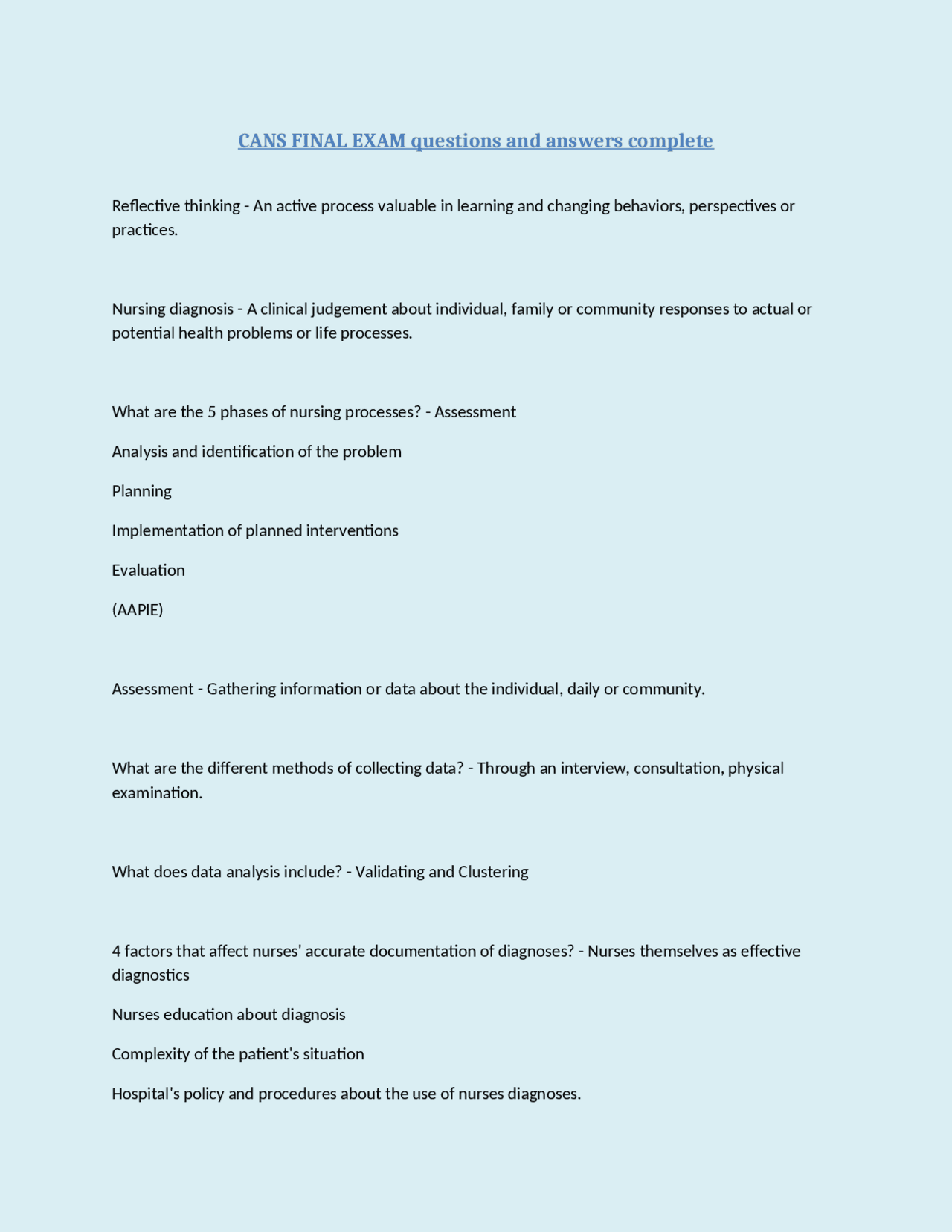 CANS FINAL EXAM questions and answers complete | Exams Nursing | Docsity