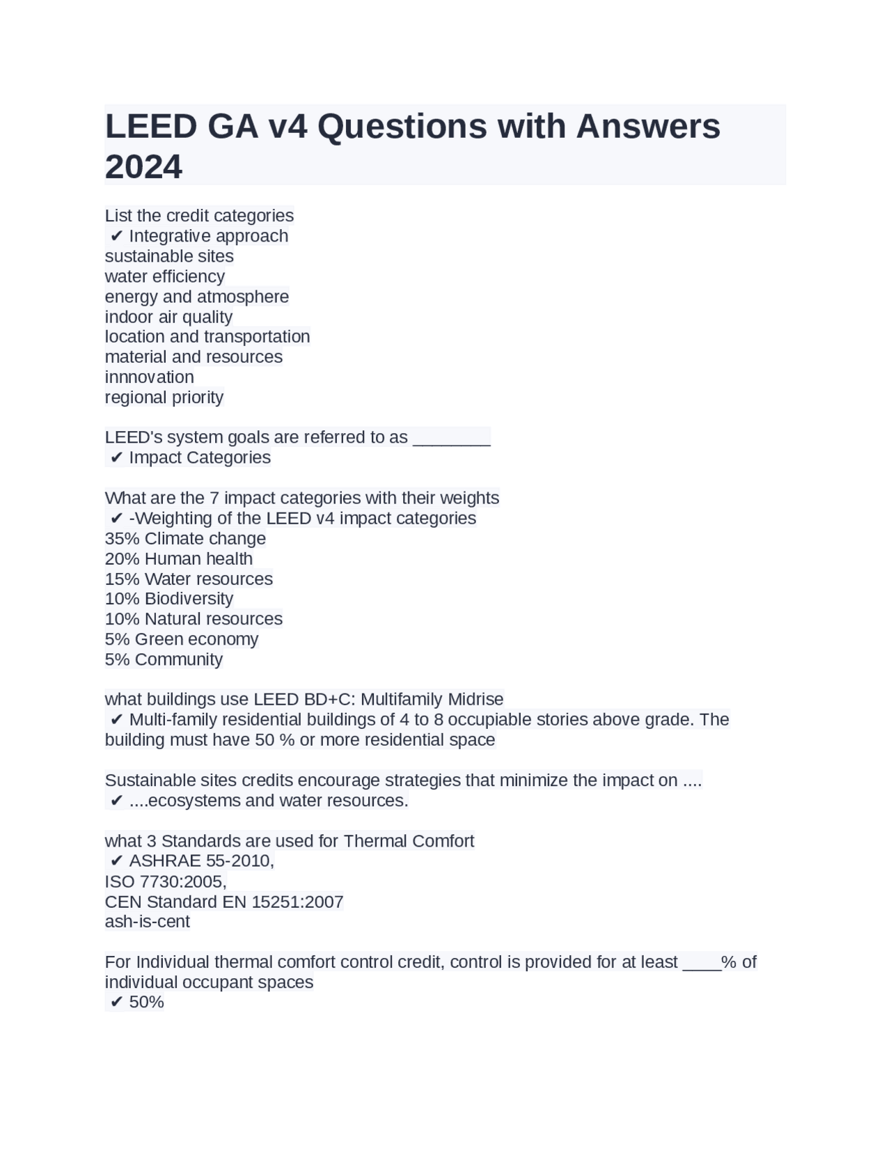 LEED GA v4 Questions with Answers 2024 | Exams Social Work | Docsity