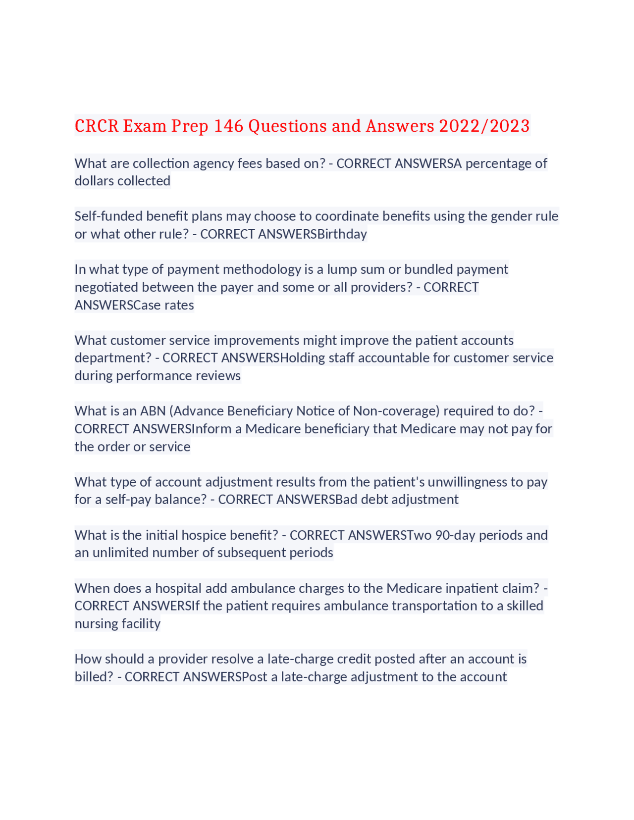 CRCR Exam Prep 146 Questions and Answers 2024,100% CORRECT | Exams ...