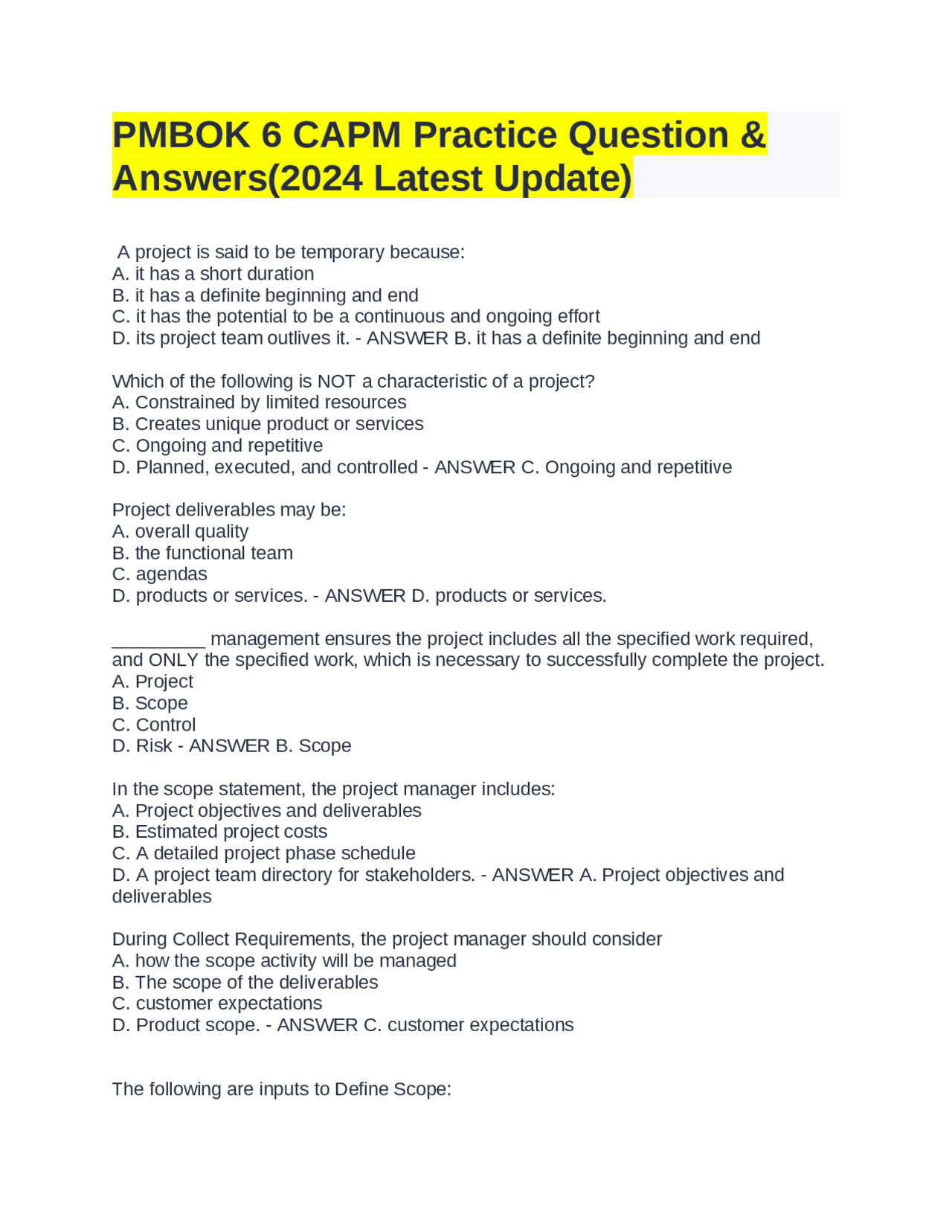 PMBOK 6 CAPM Practice Questions & Answers | Exams Project Management | Docsity