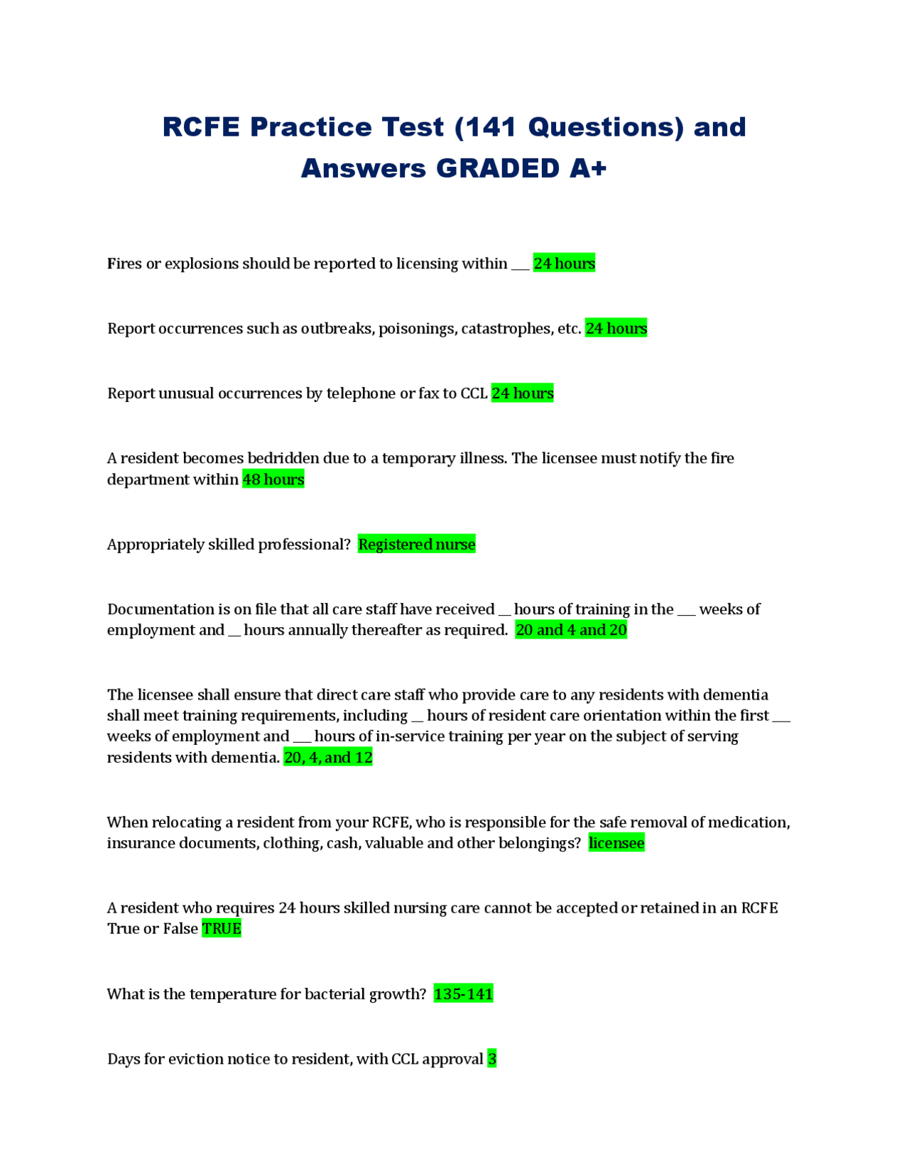 RCFE Practice Test and Regulations | Exams Advanced Education | Docsity