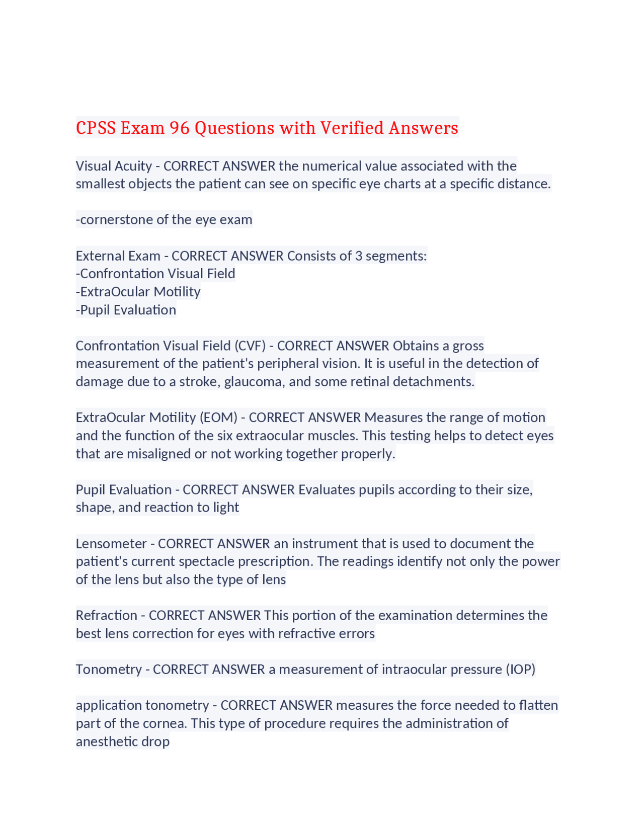 CPSS Exam 96 Questions with Verified Answers,100% CORRECT | Exams ...