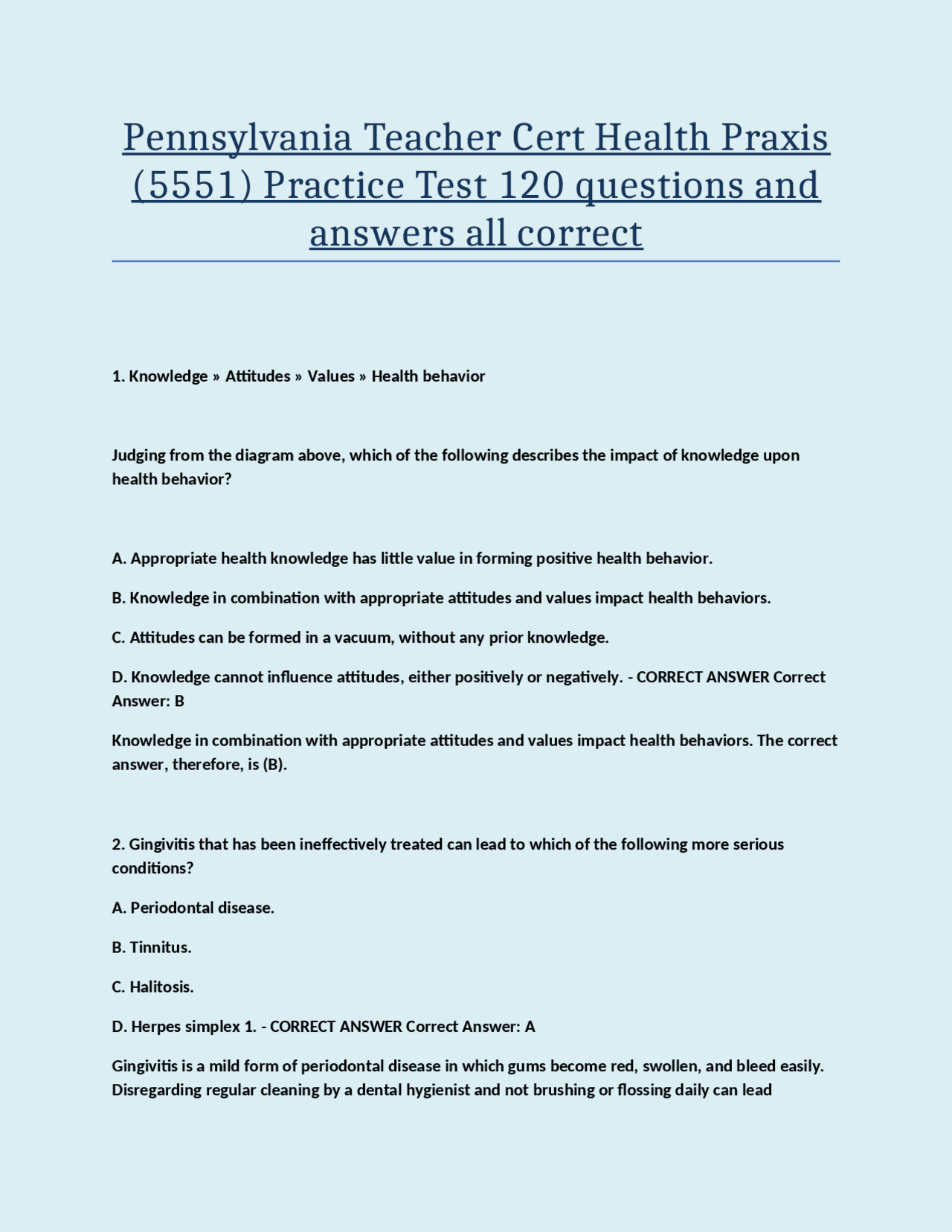 Pennsylvania Teacher Cert Health Praxis (5551) Practice Test | Exams ...