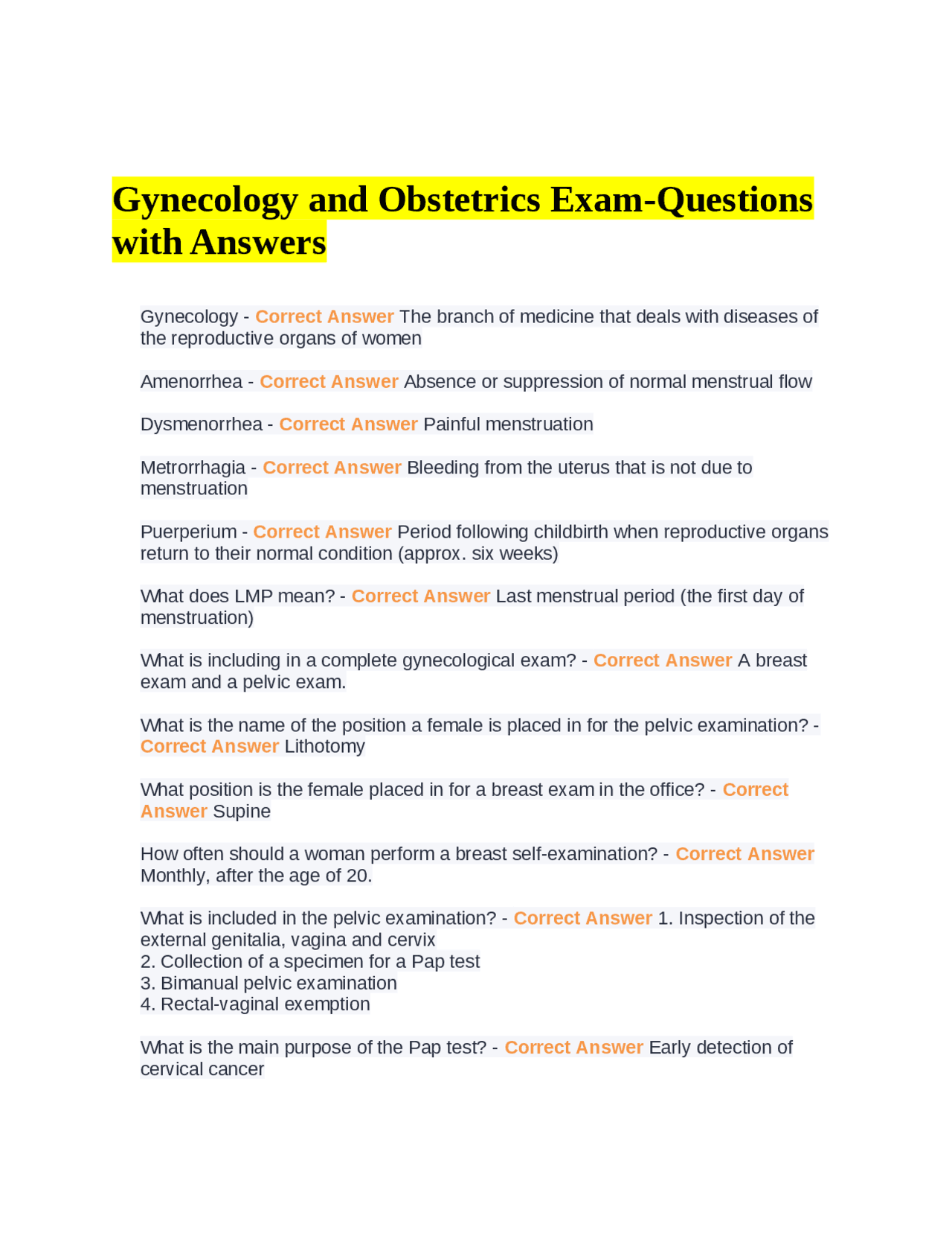 Gynecology and Obstetrics Exam Questions with Answers | Exams Nursing | Docsity