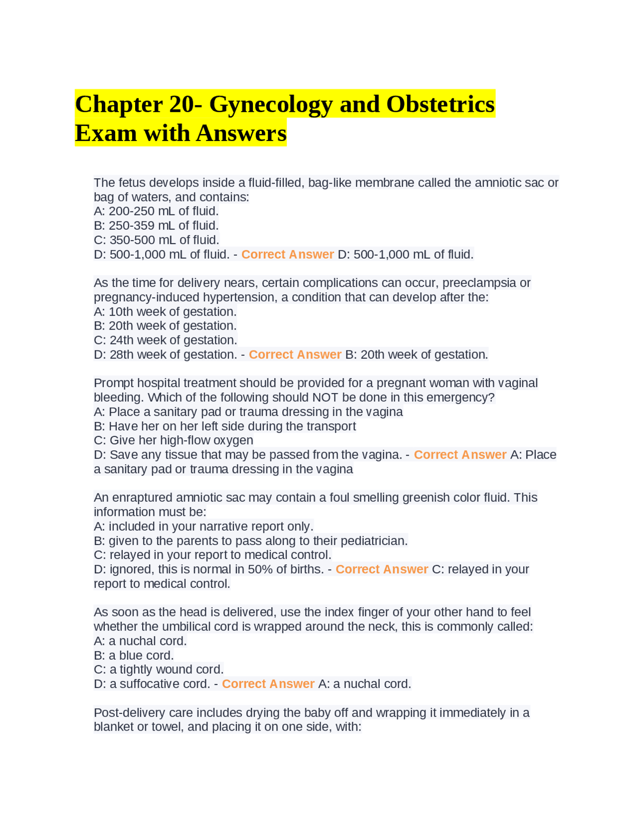 Gynecology and Obstetrics Exam with Answers | Exams Nursing | Docsity
