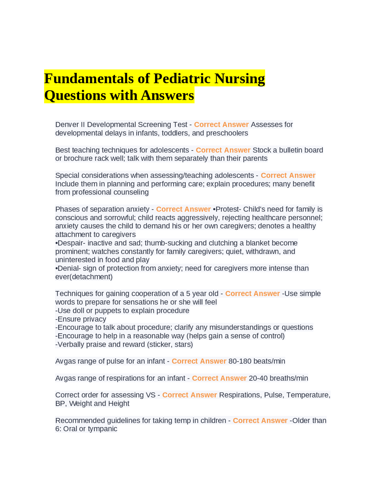 Fundamentals of Pediatric Nursing: Questions and Answers | Exams ...