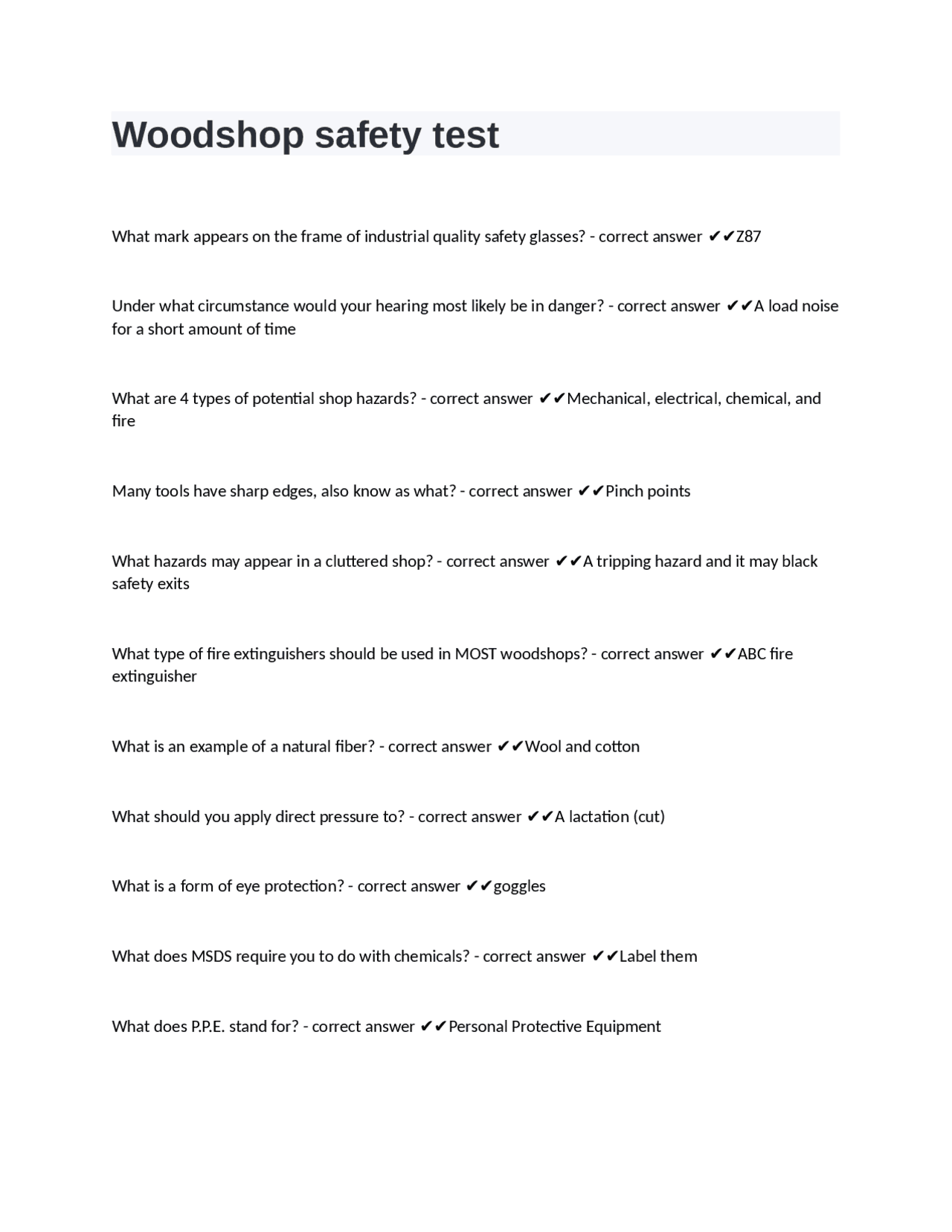 Woodshop safety test questions with correct answers | Exams Nursing ...