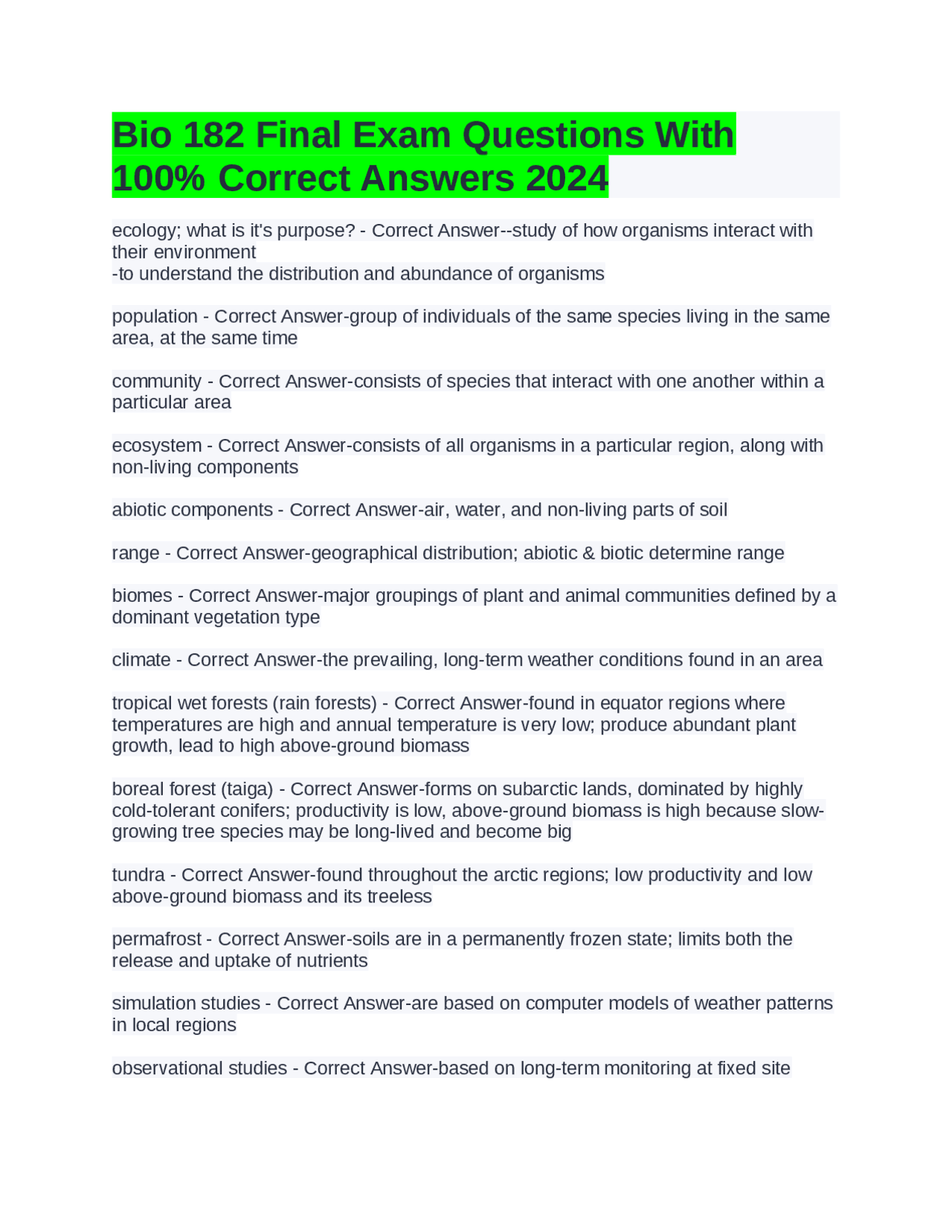 Bio 182 Final Exam Questions With 100% Correct Answers 2024 | Exams ...