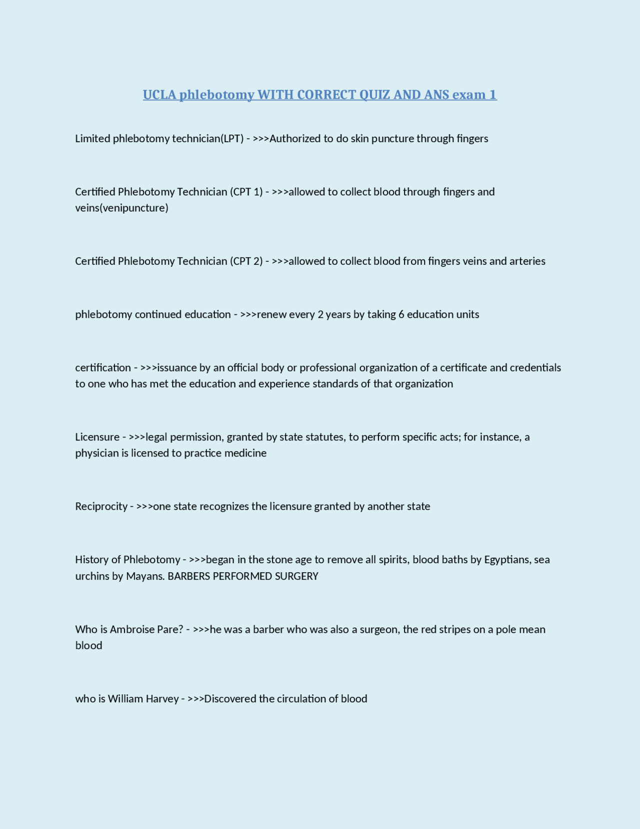 UCLA phlebotomy WITH CORRECT QUIZ AND ANS exam 1 | Exams Nursing | Docsity