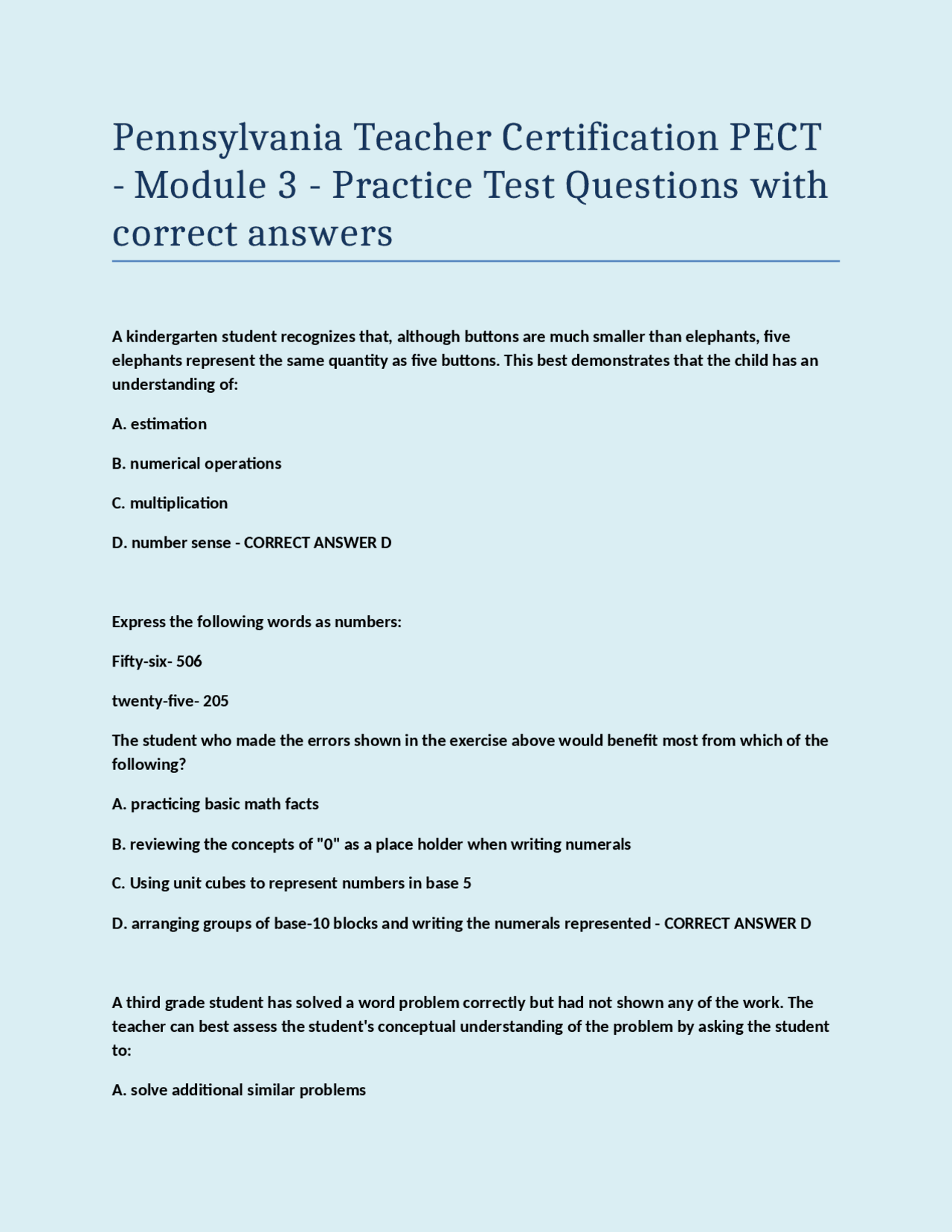 Pennsylvania Teacher Certification PECT PreK-4 Practice Test Module 2 ...