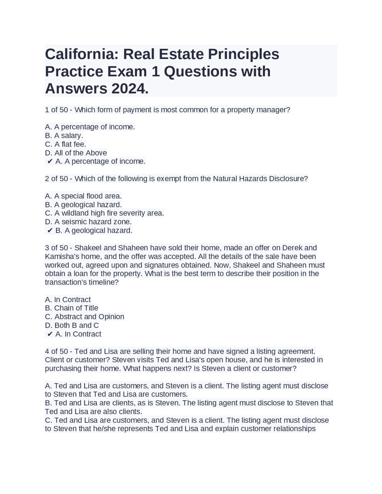 California: Real Estate Principles Practice Exam 1 Questions with ...