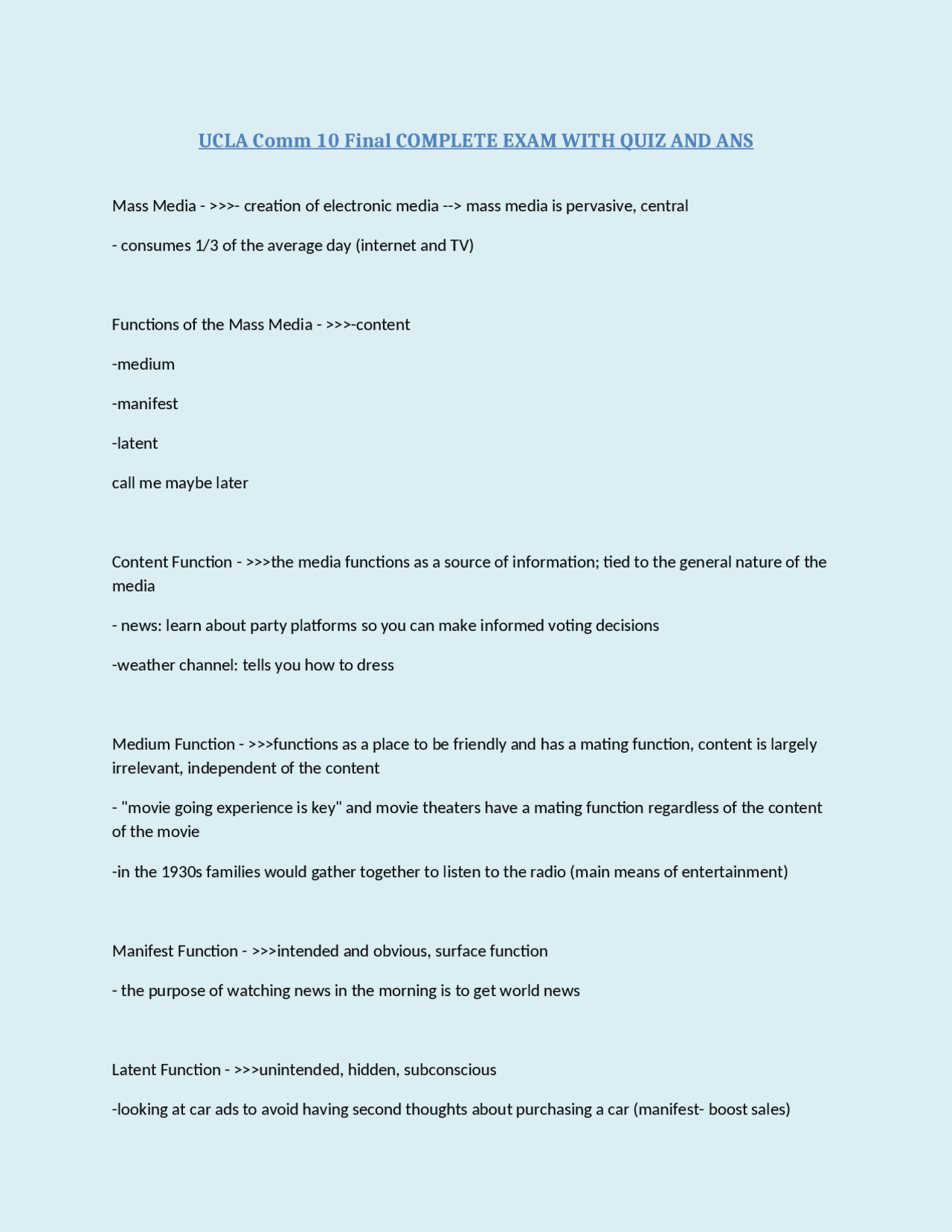 UCLA Comm 10 Final COMPLETE EXAM WITH QUIZ AND ANS | Exams Nursing | Docsity