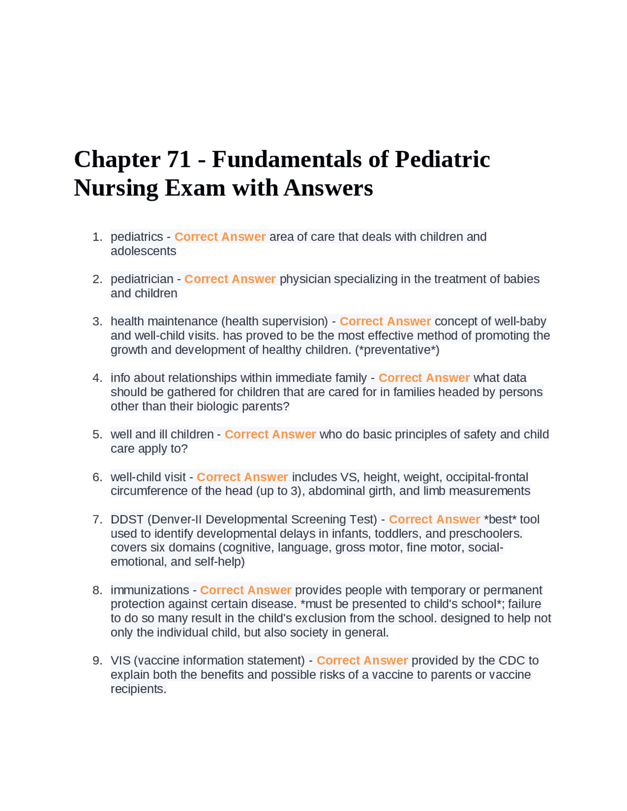 Fundamentals of Pediatric Nursing Exam with Answers | Exams Nursing ...