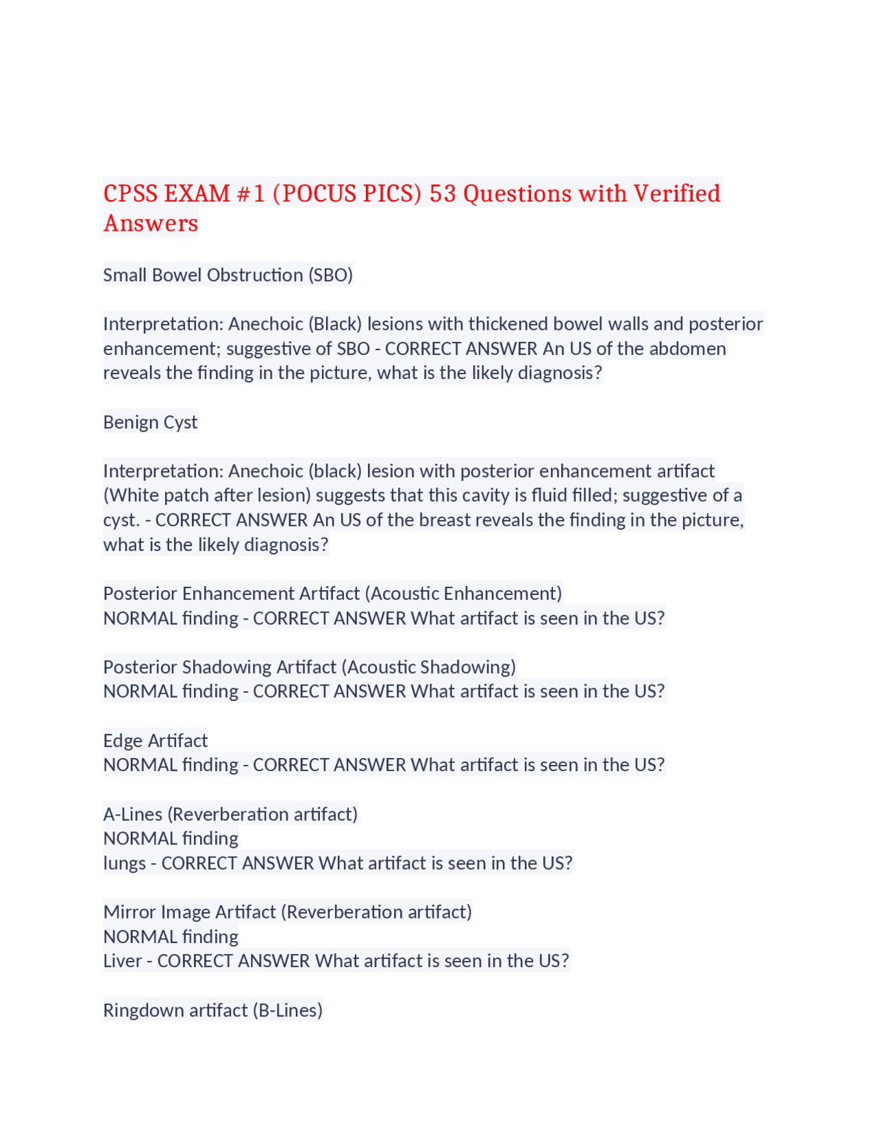 CPSS EXAM #1 (POCUS PICS) 53 Questions with Verified Answers,100% ...