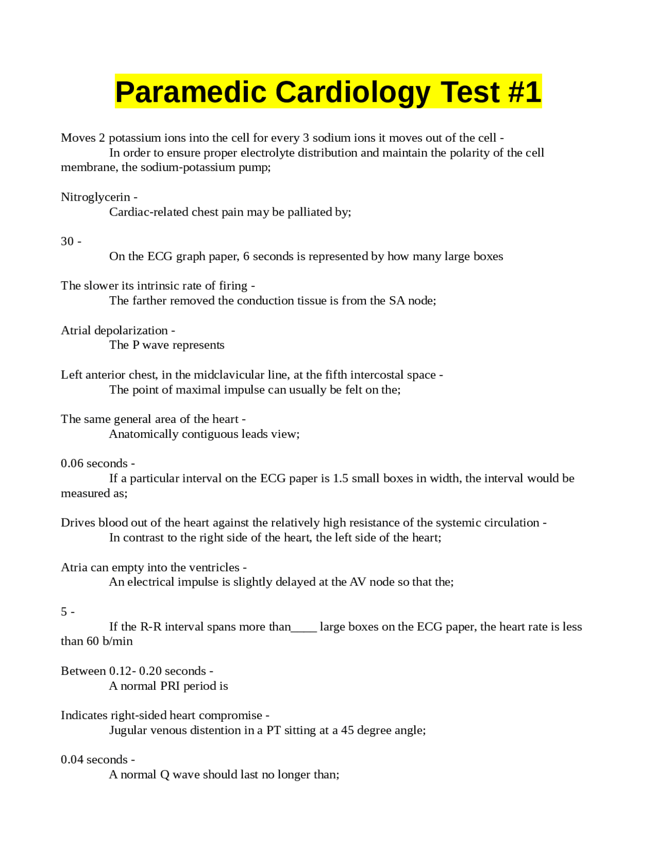 Paramedic Cardiology Test #1 | Exams Cardiology | Docsity