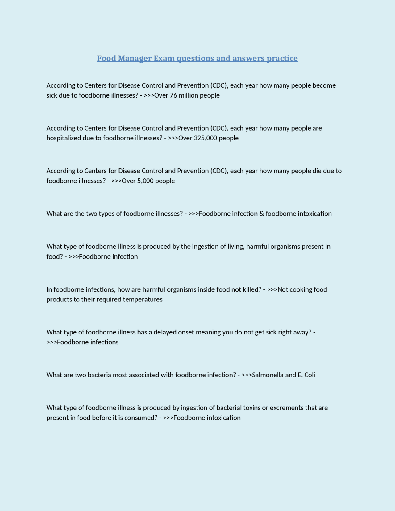 Food Manager Exam questions and answers practice | Exams Food science ...