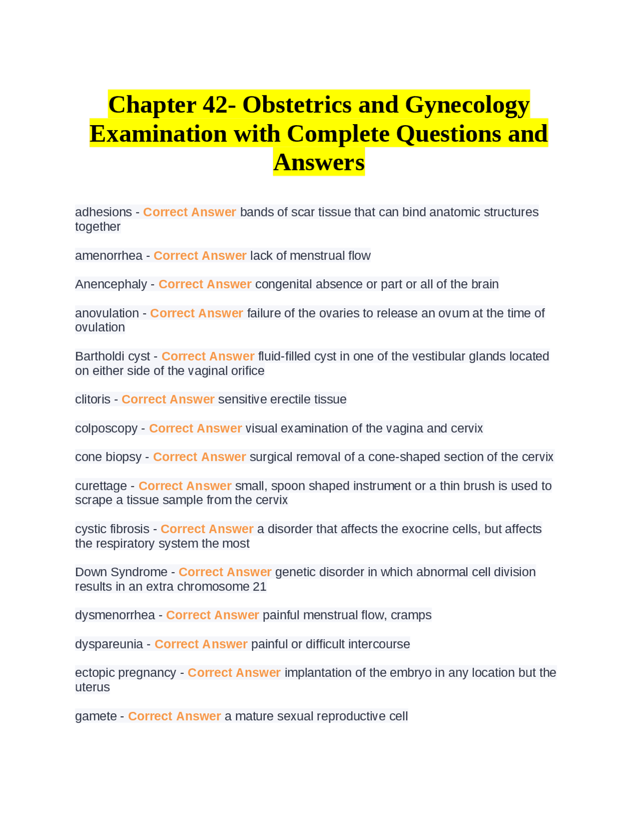 Obstetrics and Gynecology: Comprehensive Examination with Answers | Exams Nursing | Docsity