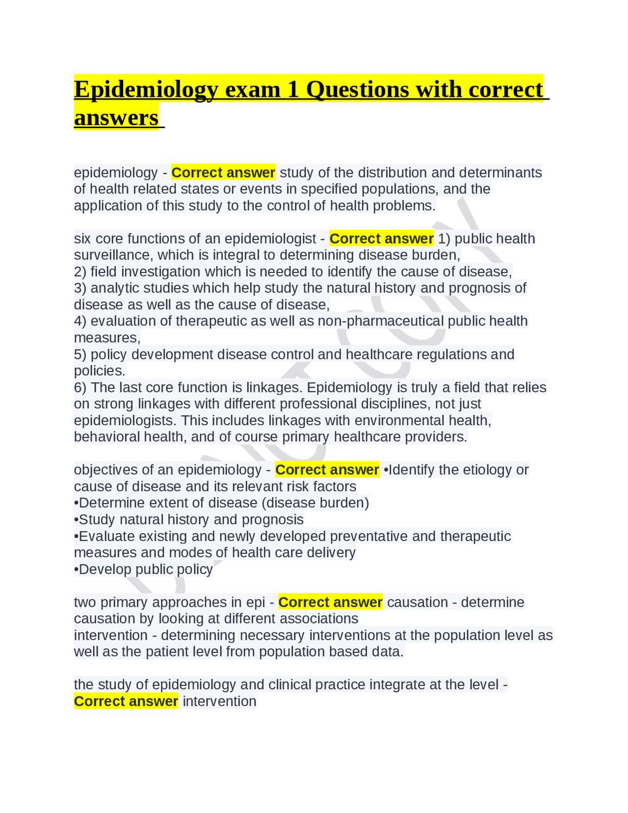 Epidemiology exam 1 Questions with correct answers | Exams Epidemiology | Docsity