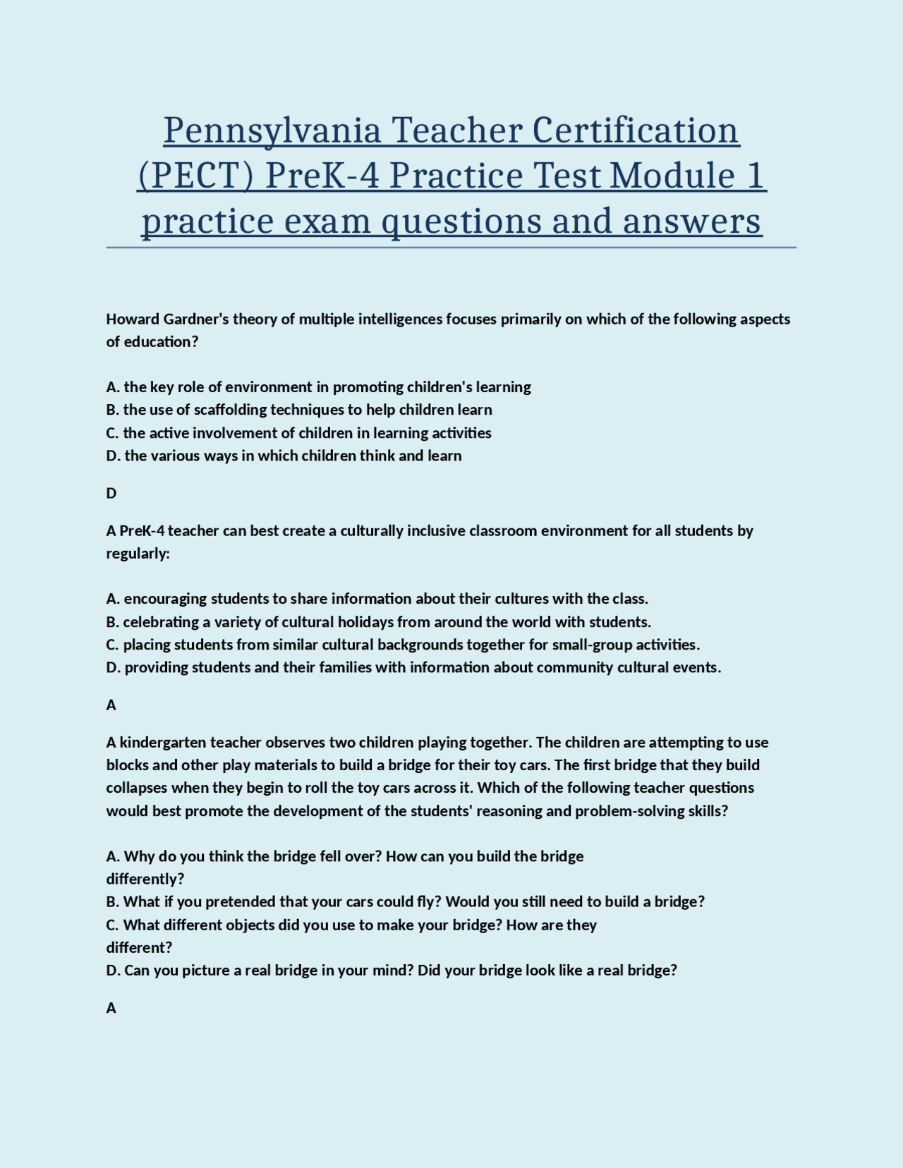 Pennsylvania Teacher Certification (PECT) PreK-4 Practice Test Module 1 ...
