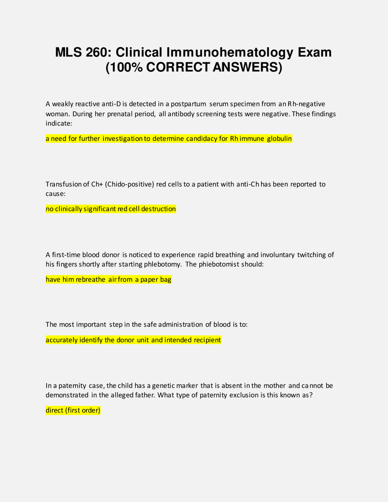 MLS 260 Clinical Immunohematology Exam (100% CORRECT ANSWERS) | Study ...