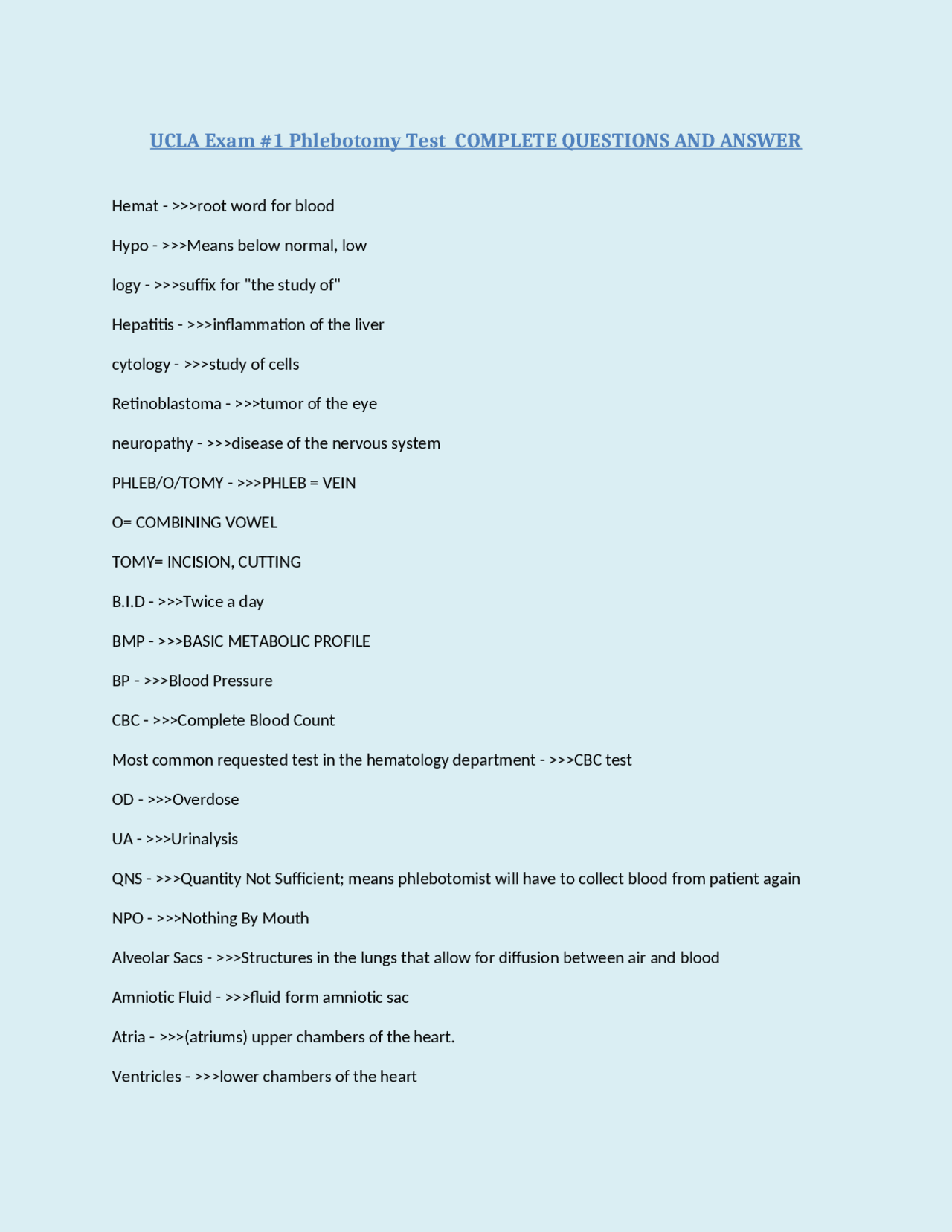 UCLA Phlebotomy Exam: Key Concepts and Terminology | Exams Nursing ...