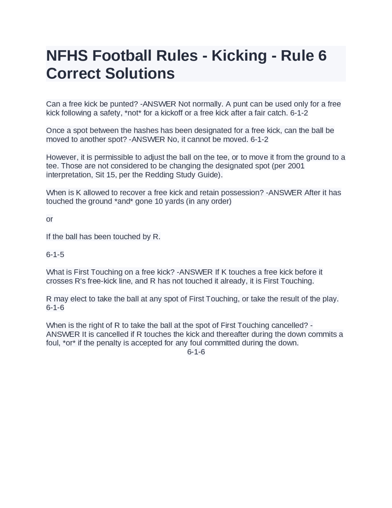 NFHS Football Rules - Kicking - Rule 6 Correct Solutions | Exams Sports ...