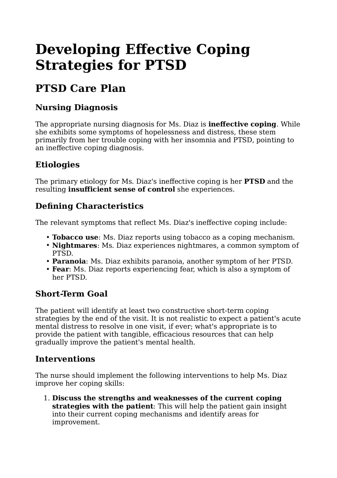PTSD Care Plan - Mental Health Assessment | Summaries Nursing | Docsity