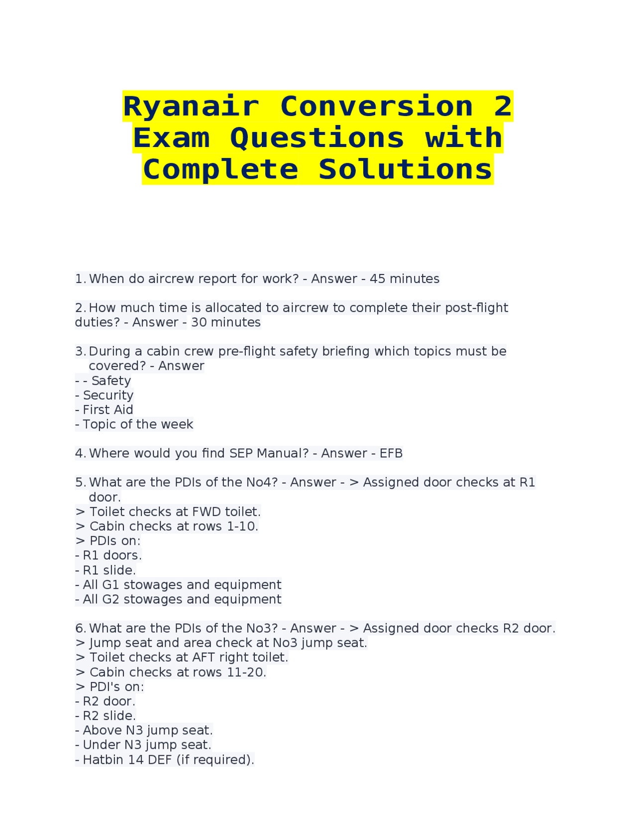 Ryanair Cabin Crew Conversion Exam Questions and Solutions | Exams Advanced Education | Docsity