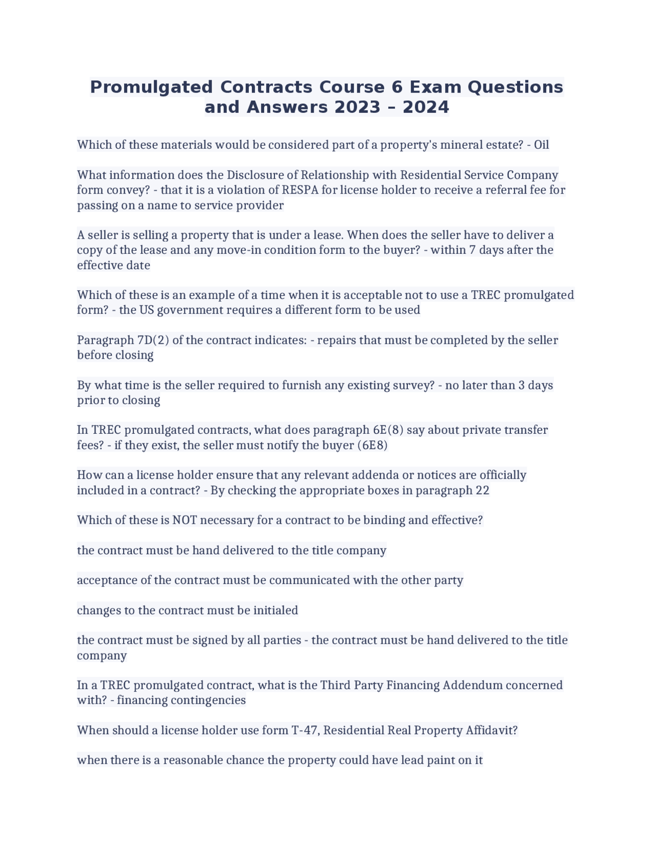 Promulgated Contracts Course 6 Exam Questions and Answers 2023 – 2024 | Exams Advanced Education ...