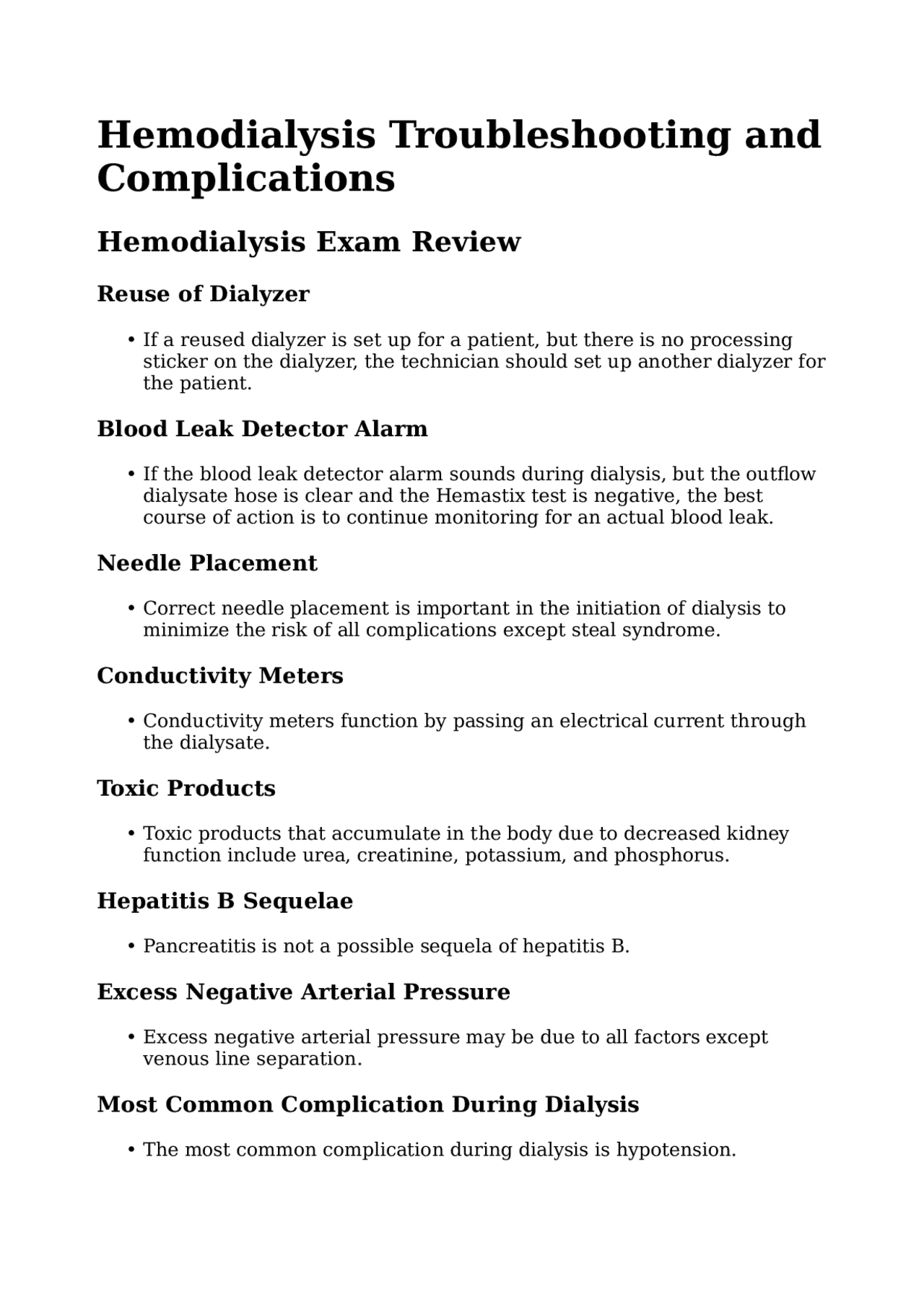 Hemodialysis Exam Review | Summaries Nursing | Docsity