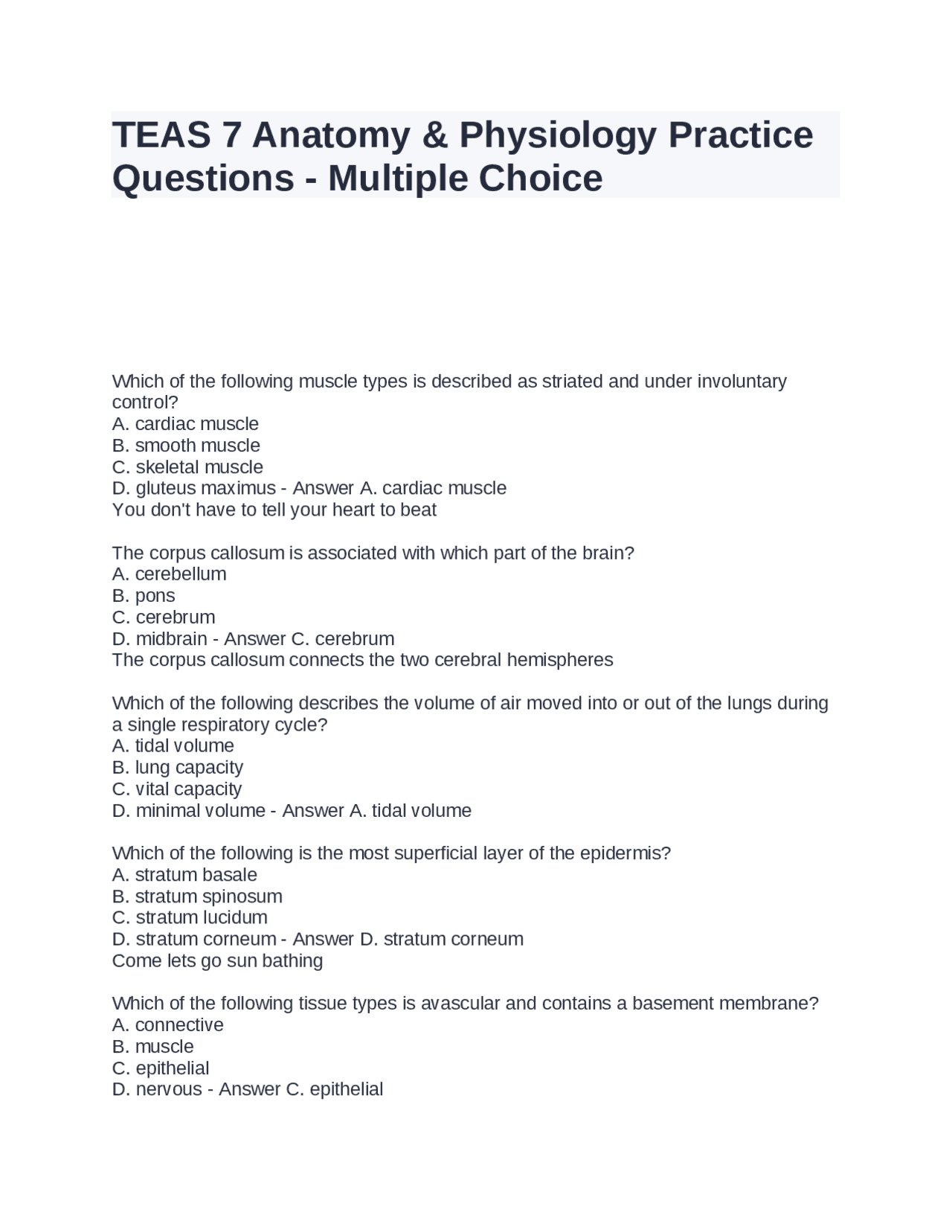 TEAS 7 Anatomy & Physiology Practice Questions - Multiple Choice | Exams Nursing | Docsity